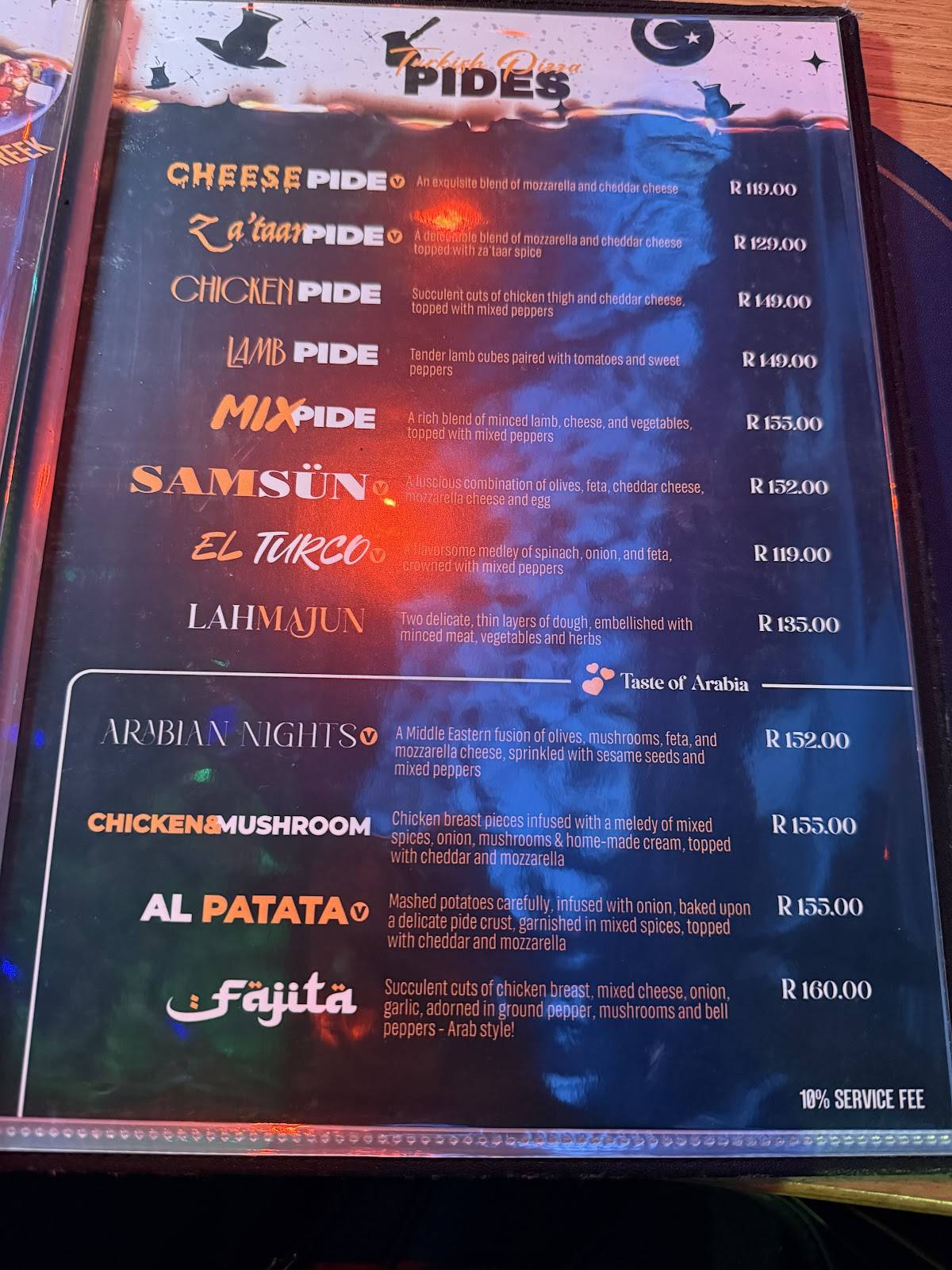 Menu at Ala Turkish restaurant, Cape Town