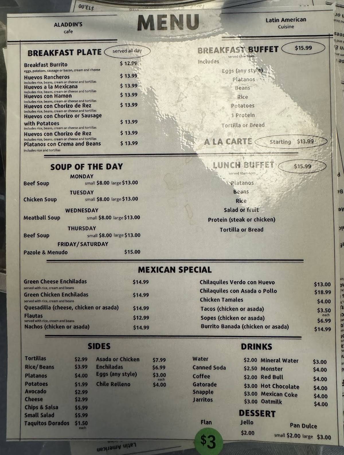 Menu at Aladdin Coffee Shop restaurant, Los Angeles
