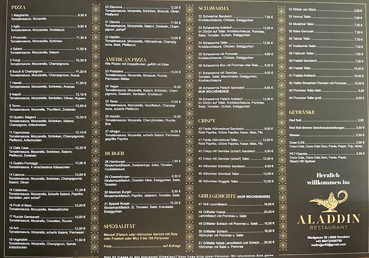 Speisekarte von Aladdin Restaurant, Dornbirn