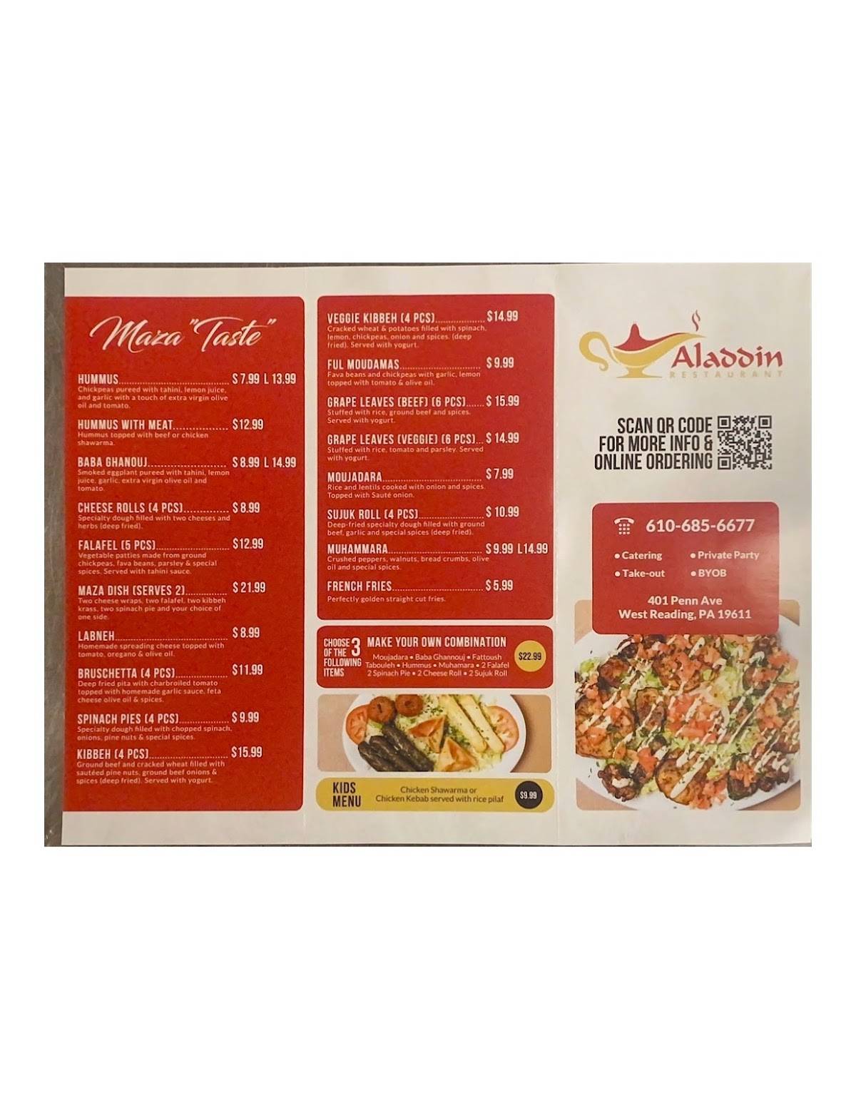 Menu at Aladdin Restaurant, West Reading