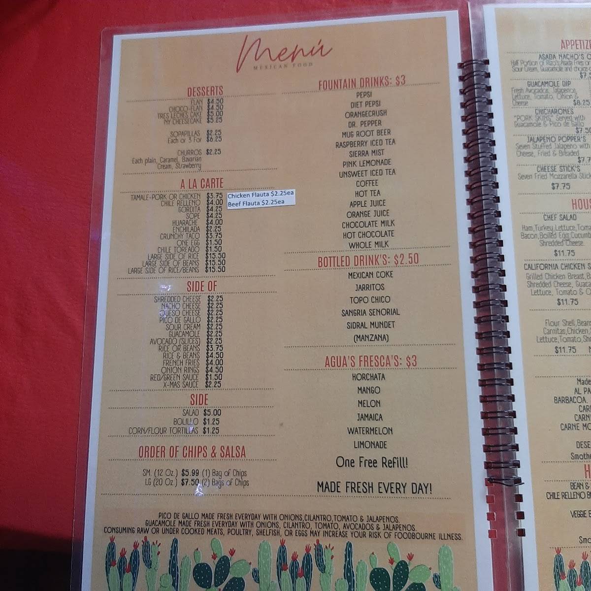 Menu at Rizo's Restaurant, Alamogordo