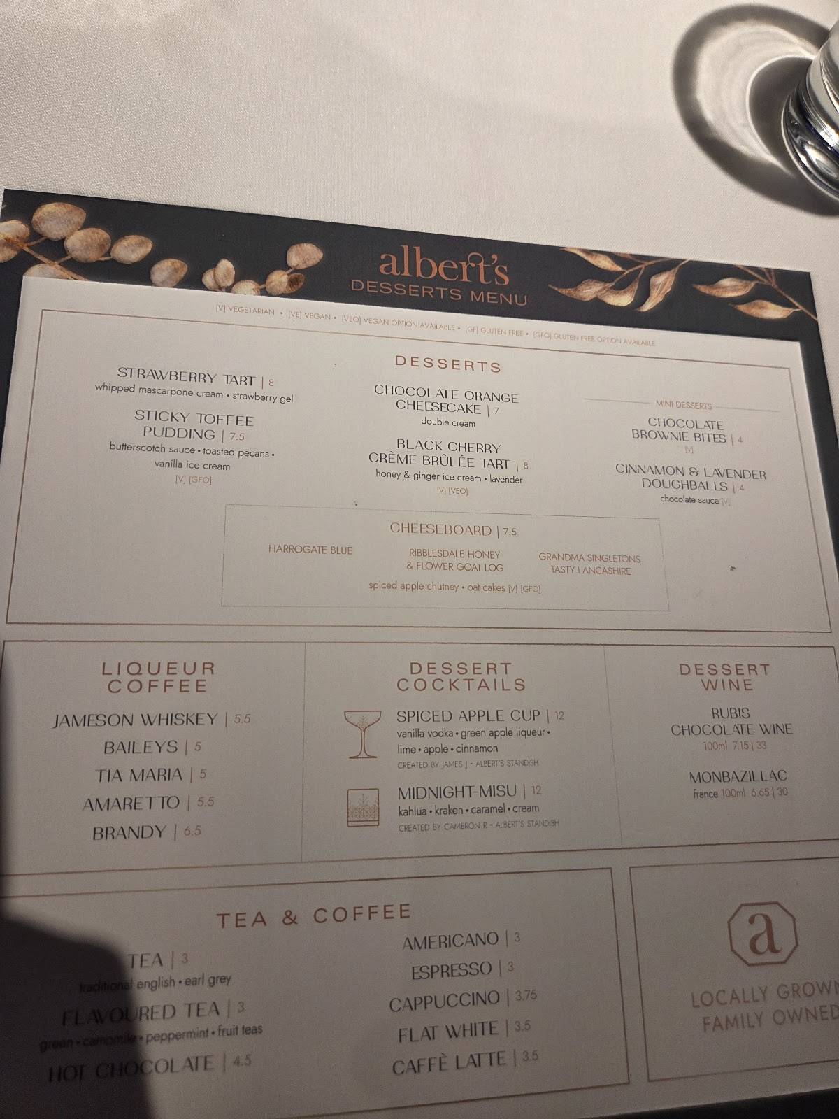 Menu at Albert's Worsley pub & bar, Manchester, A580
