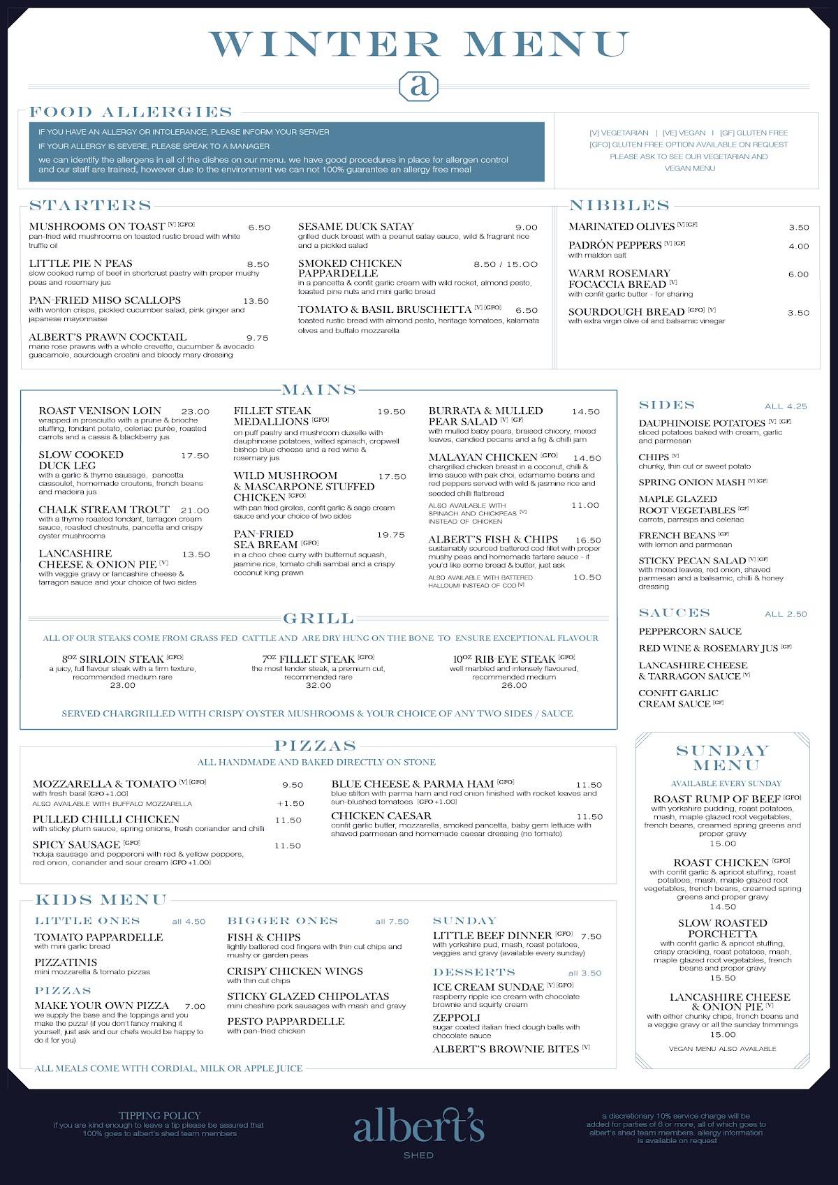 Menu at Albert's Worsley pub & bar, Manchester
