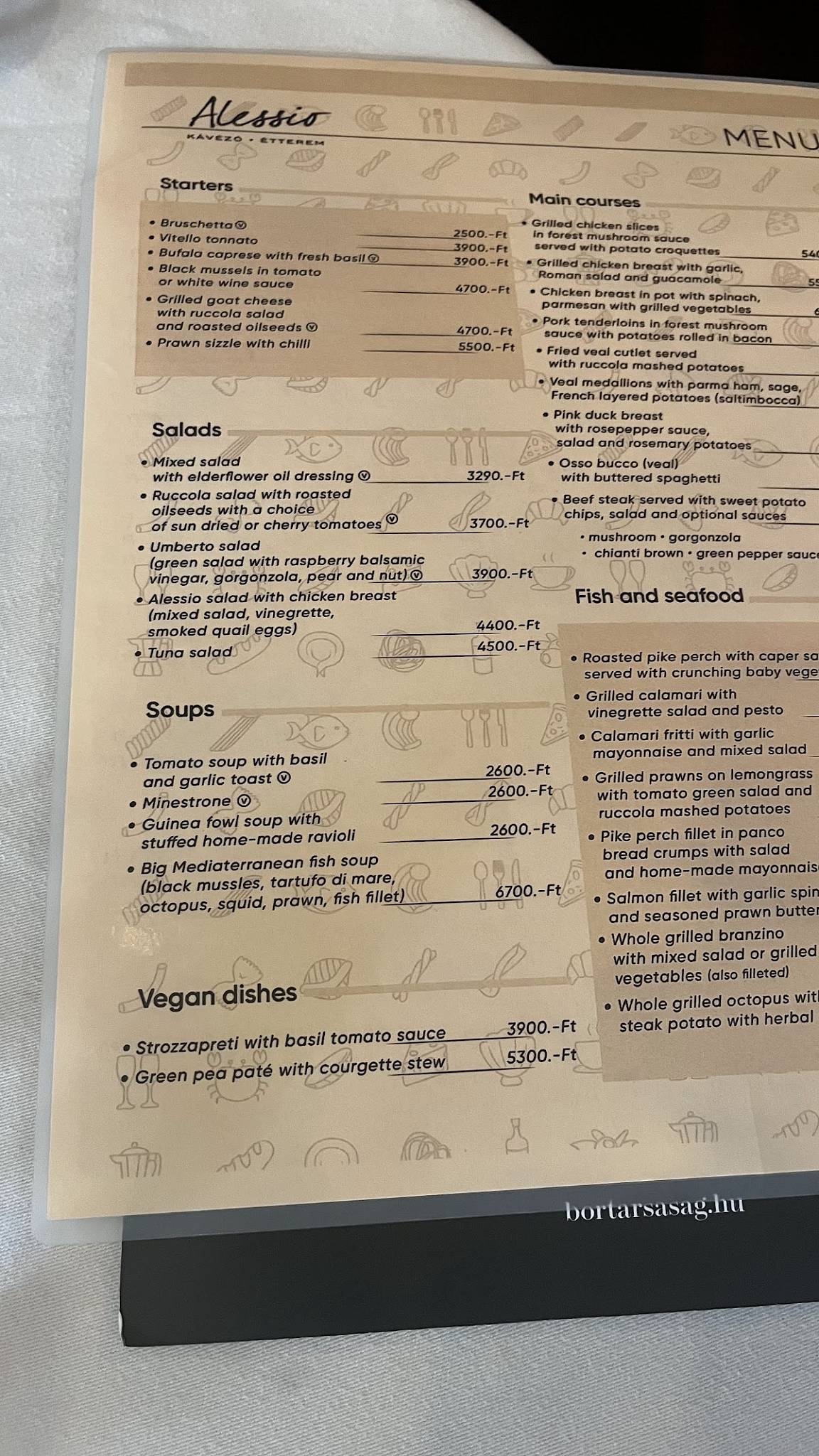 Menu at Alessio Cafe and Restaurant, Budapest