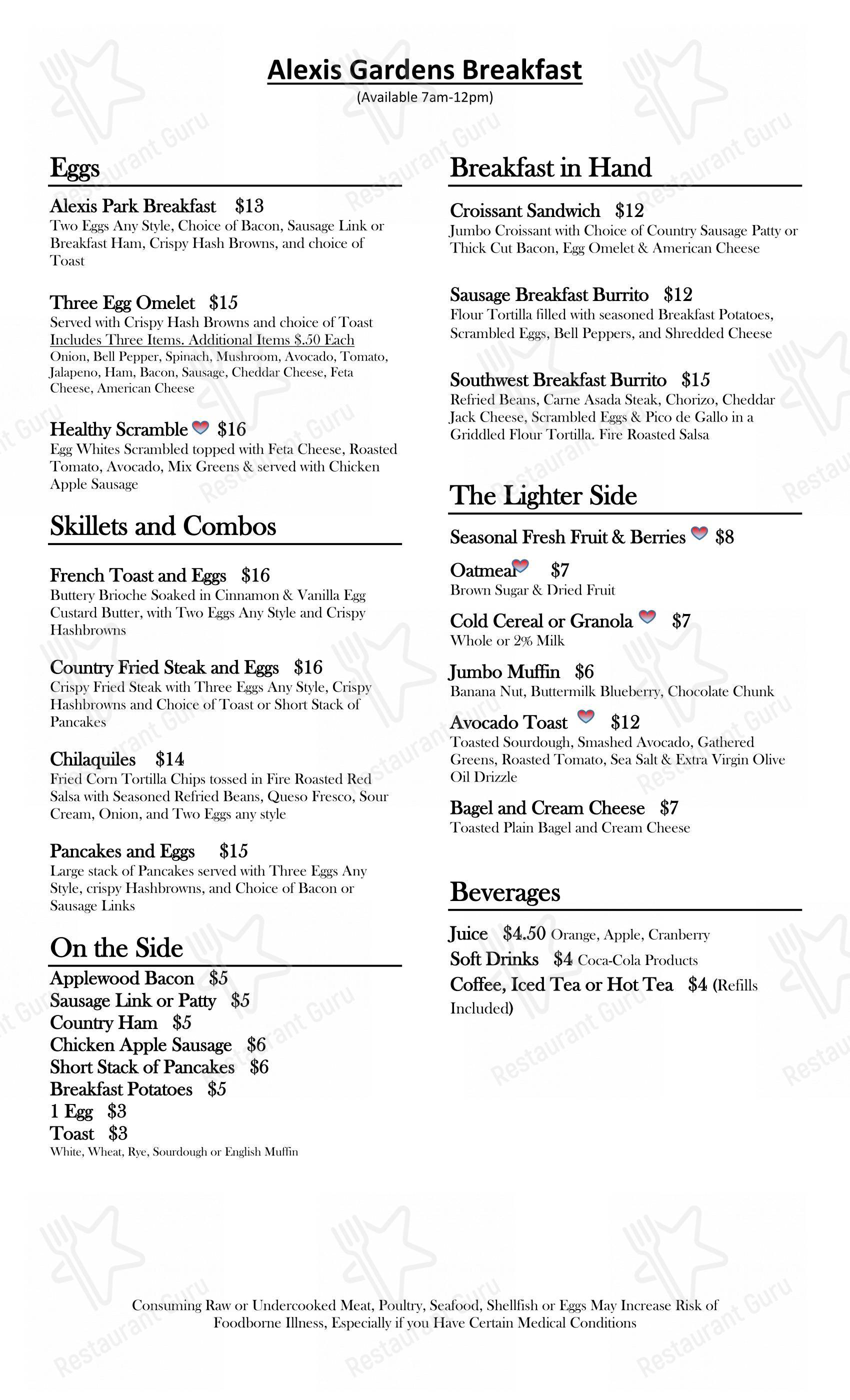 Menu at Alexis Gardens @ Alexis Park pub & bar, Las Vegas
