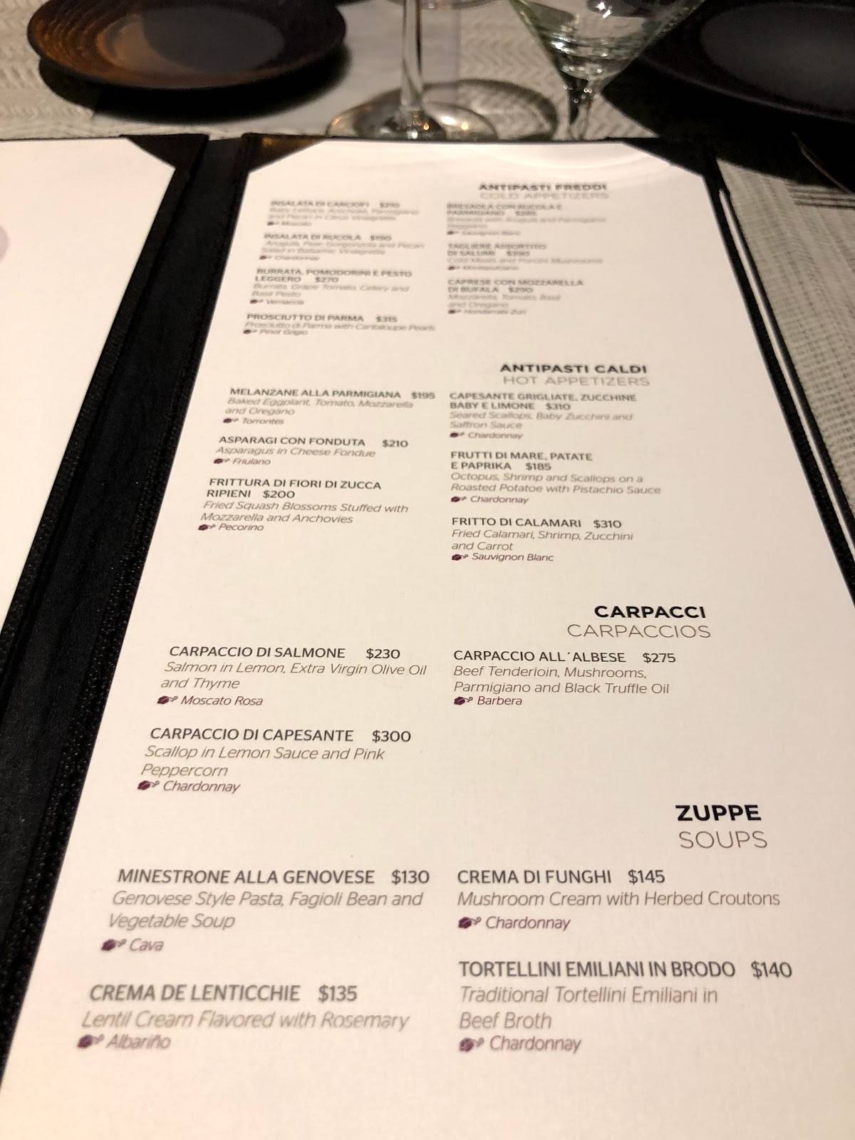 Carta del restaurante Alfredo Di Roma, Ciudad del México