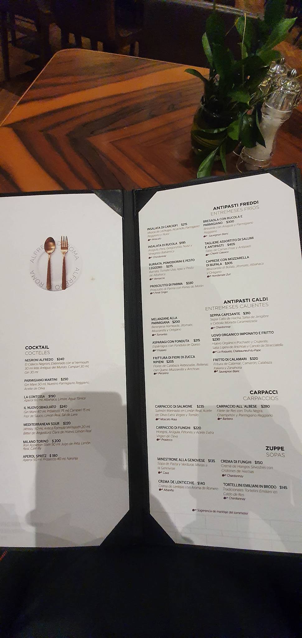 Carta del restaurante Alfredo Di Roma, Ciudad del México