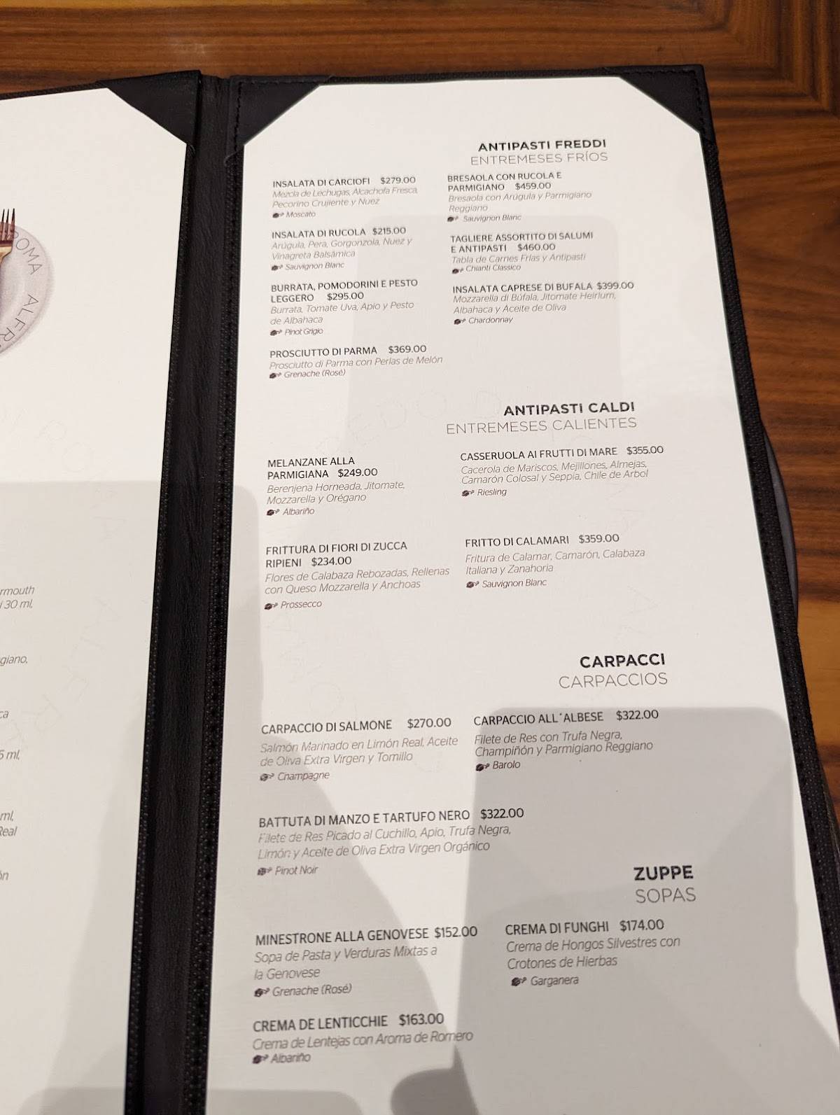 Carta del restaurante Alfredo Di Roma, Ciudad del México