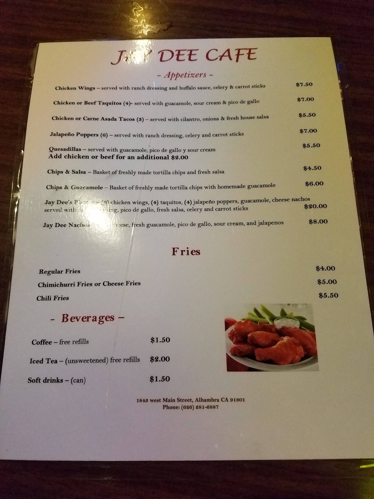 Menu at Jay Dee Cafe, Alhambra, W Main St