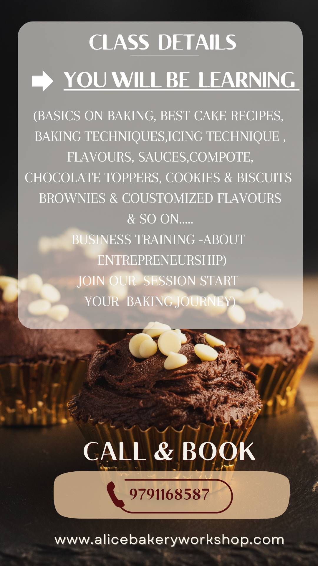Menu at Alice baking class, Chennai