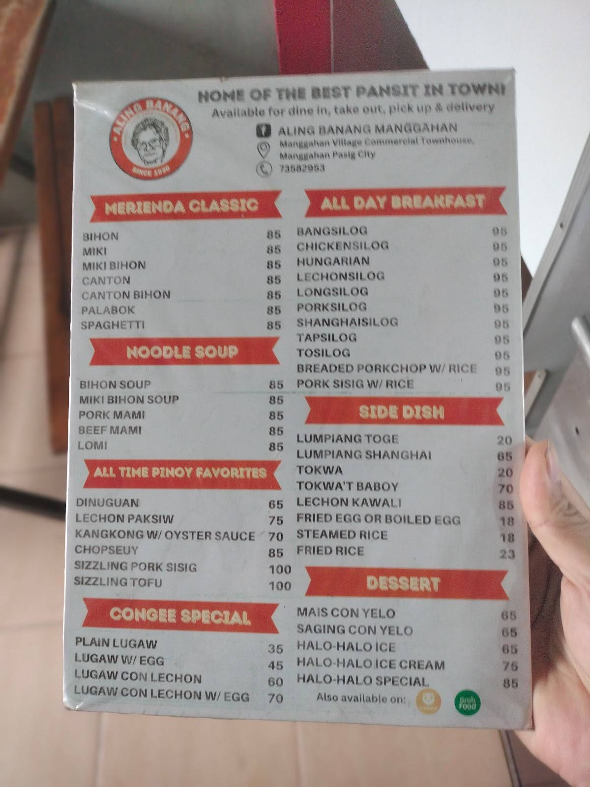Menu at Aling Banang’s Manggahan-Pasig restaurant, Pasig, Unit 5 ...