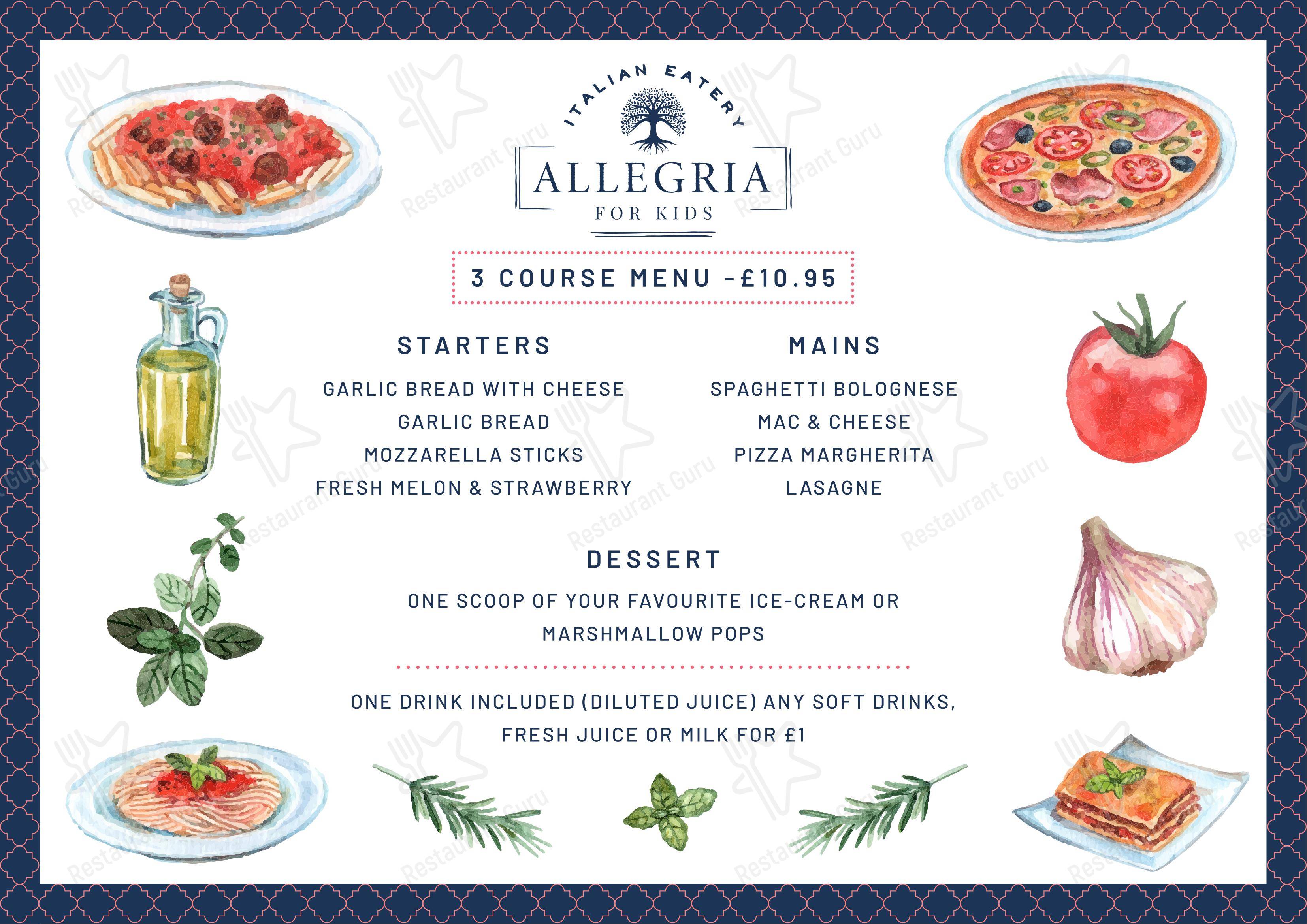 Menu at Allegria Eatery restaurant, Largs