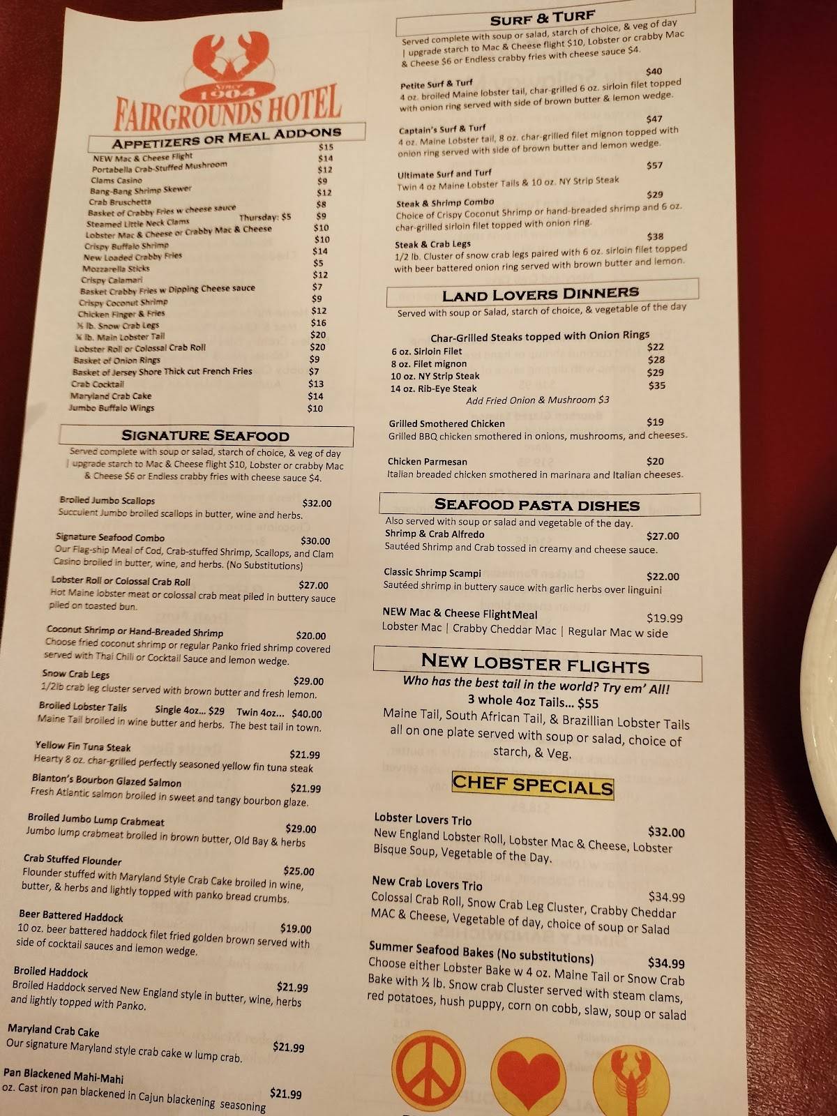 Menu at The Fairgrounds Hotel restaurant, Allentown