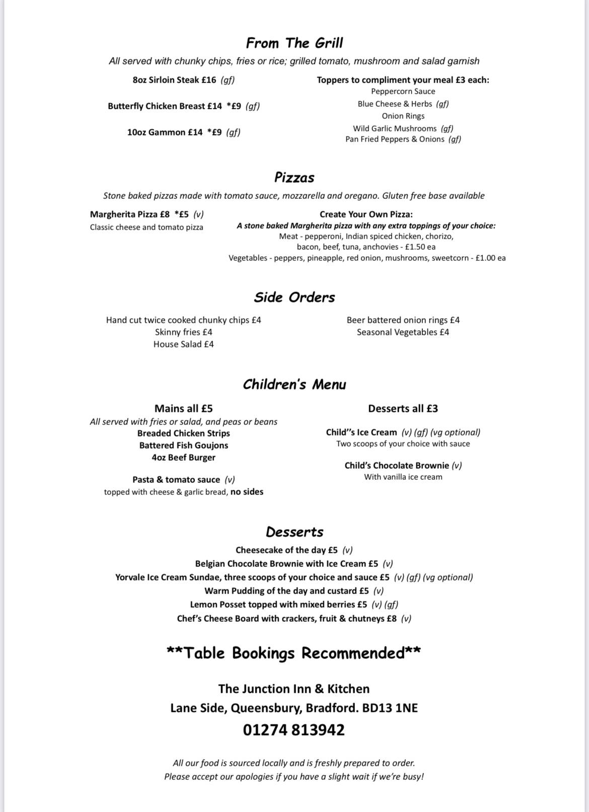 Menu at The Junction Inn pub & bar, Bradford