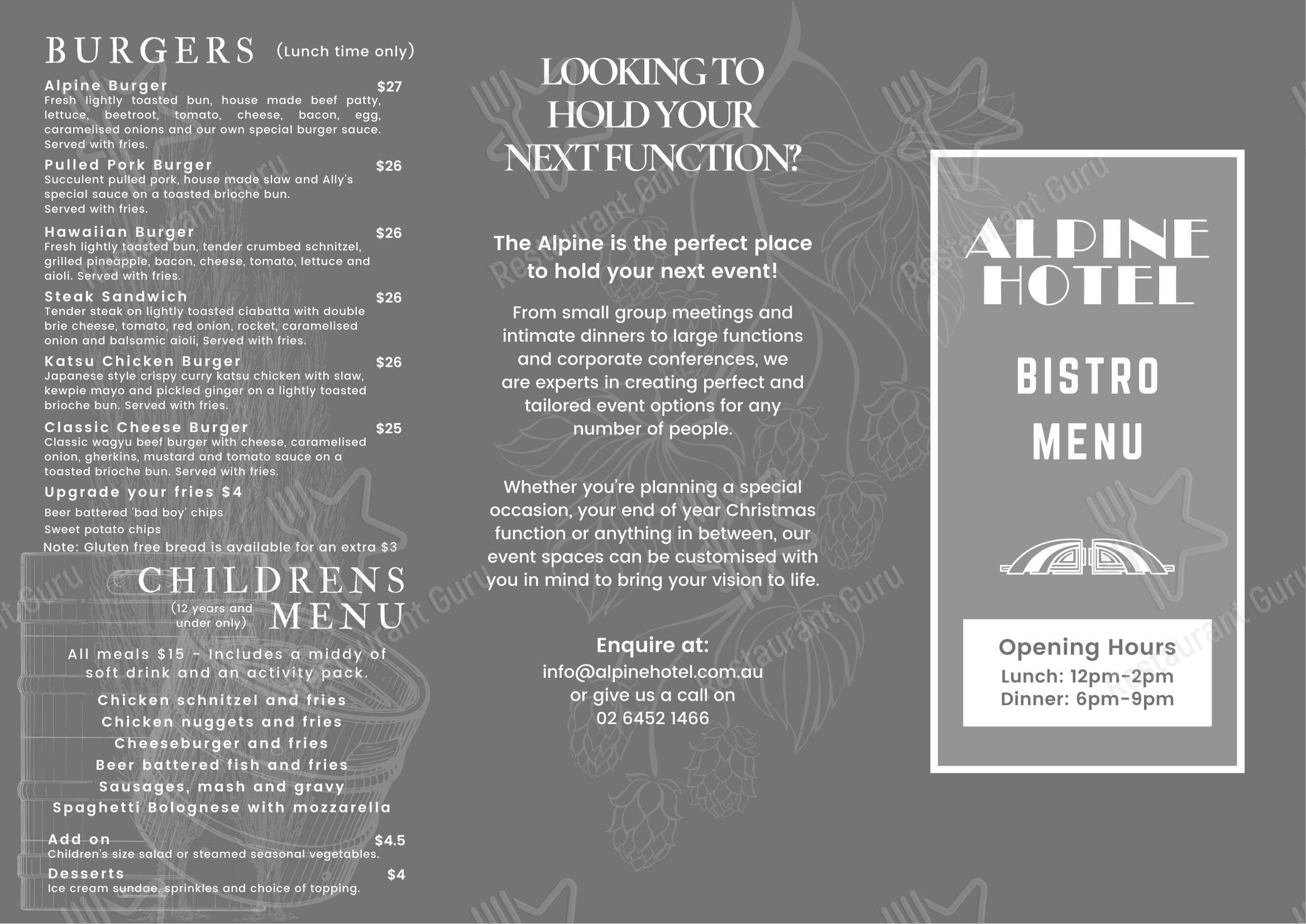 Menu at Alpine Hotel pub & bar, Cooma, 170 Sharp St