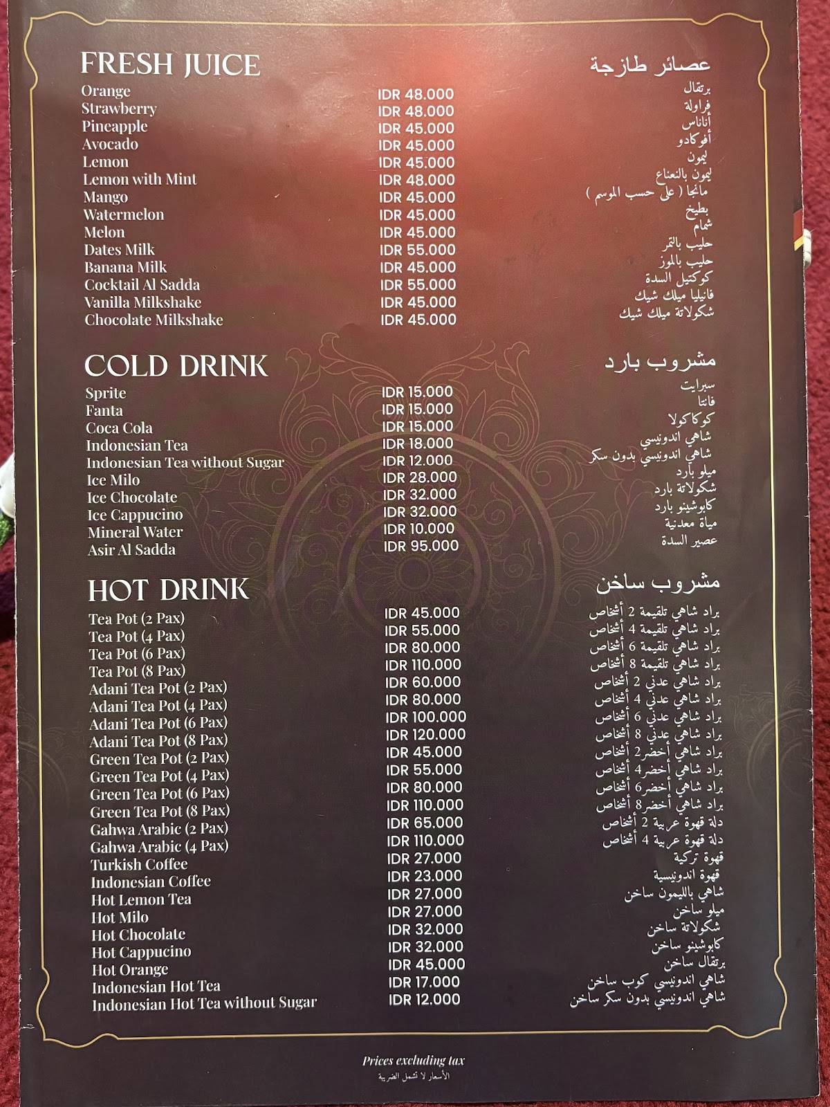Carta de Alsadda Restaurant, Yakarta