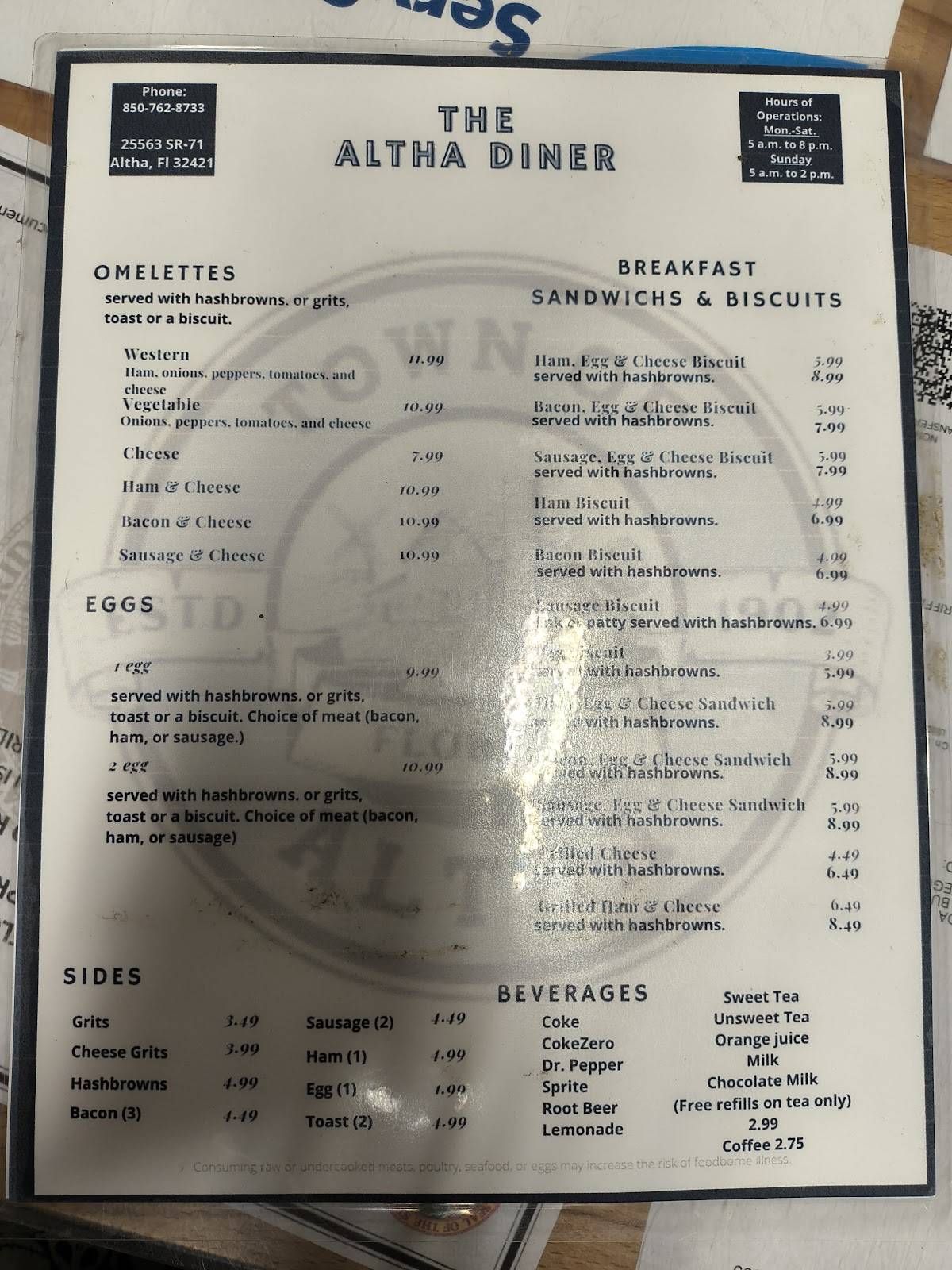 Menu at Altha Diner restaurant, Altha, Main St
