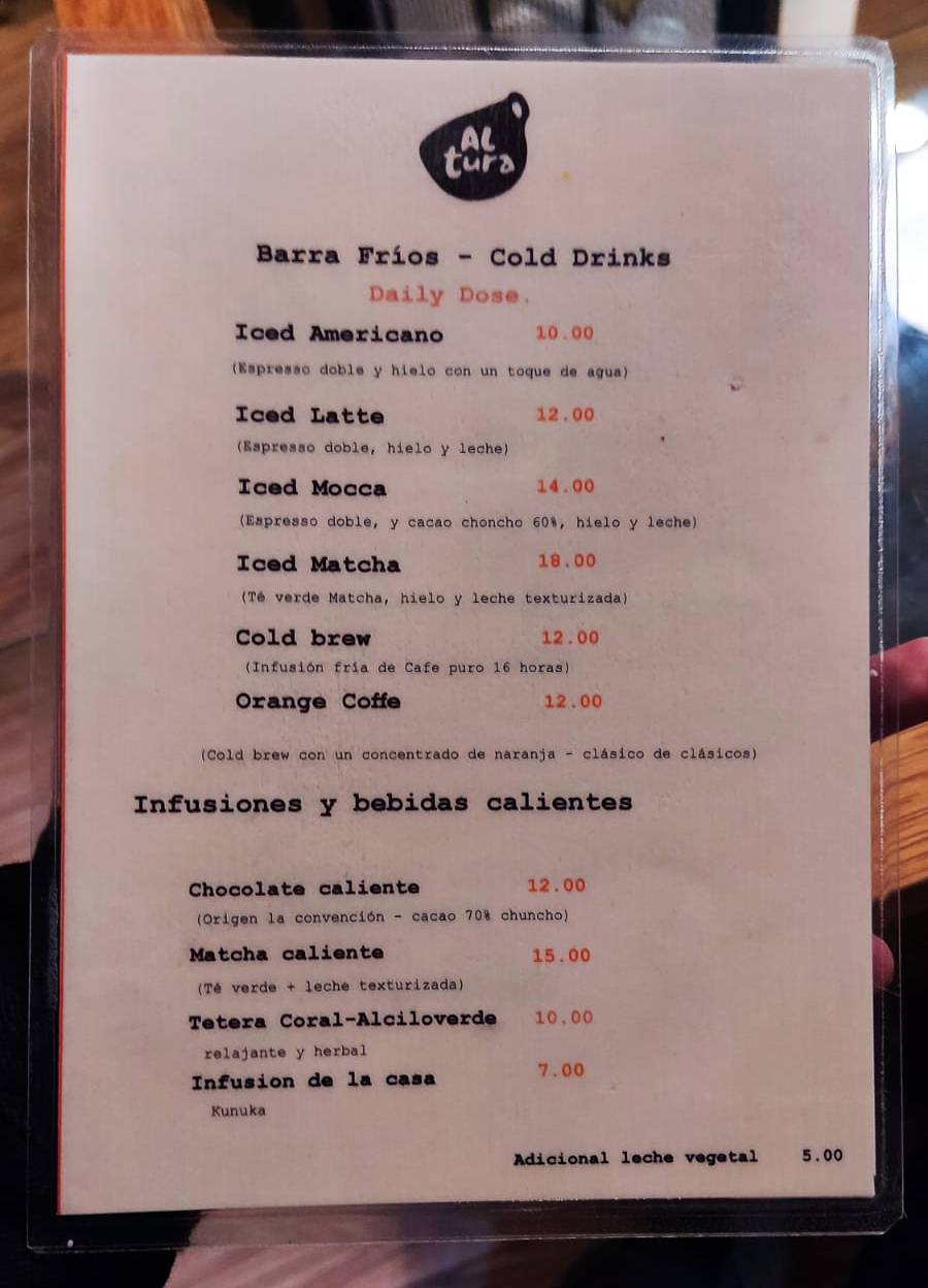 Menu at Altura Café, Cusco