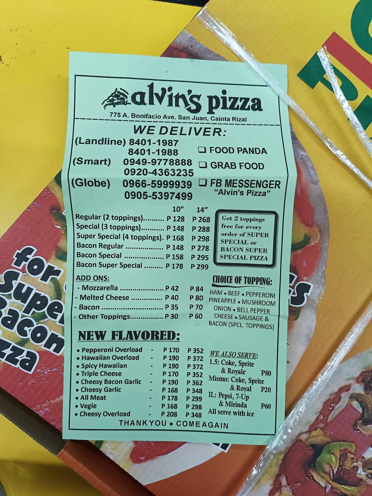 Menu at Alvin's Pizza restaurant, Cainta, 773 Bonifacio Ave