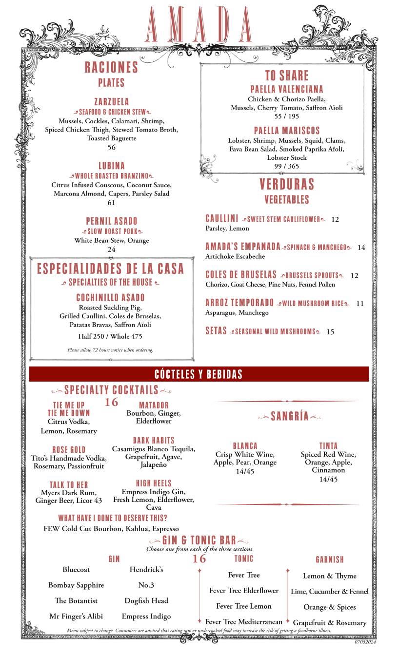 Menu at Amada pub & bar, Atlantic City, Amada Restaurant