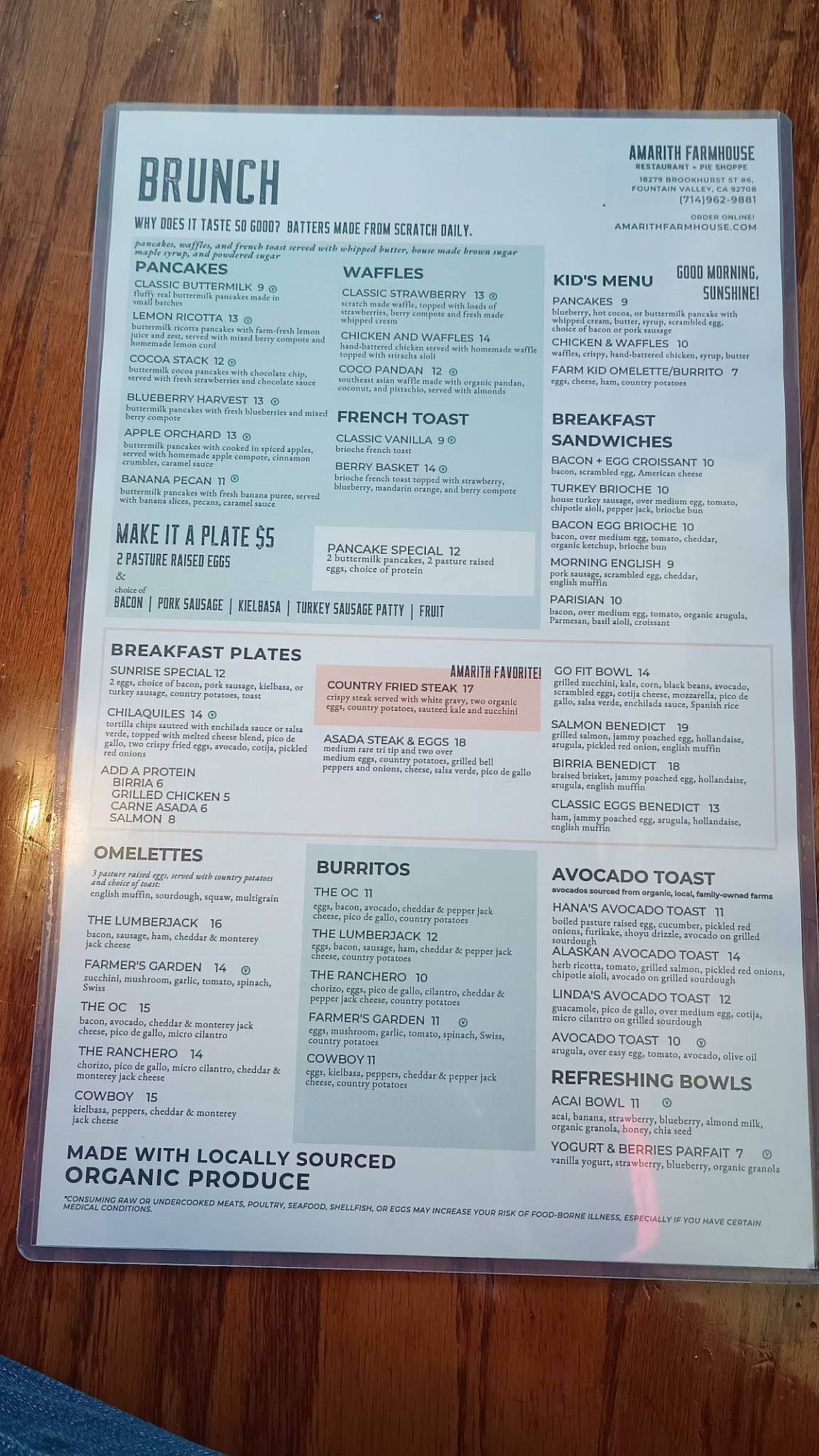 Carta de Amarith Farmhouse Restaurant & Pie Shoppe, Fountain Valley