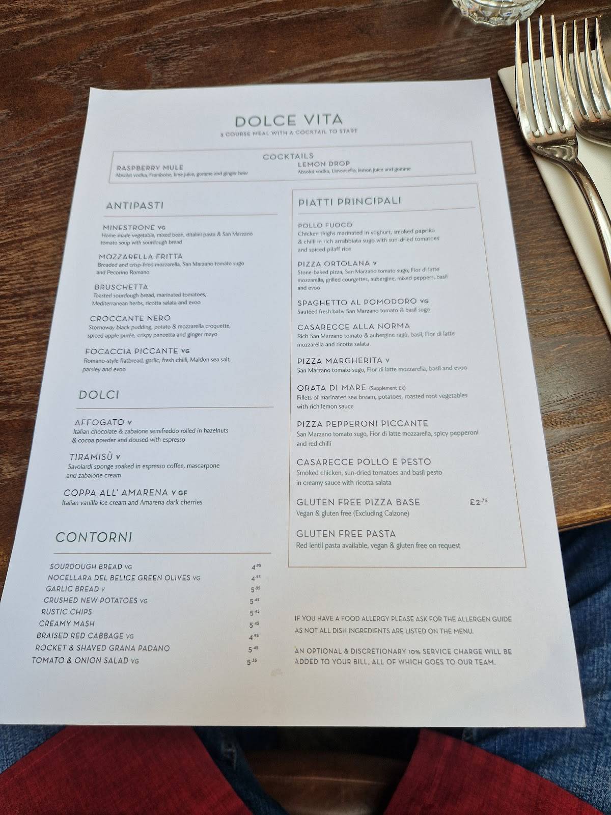 Menu at Amarone restaurant, Aberdeen