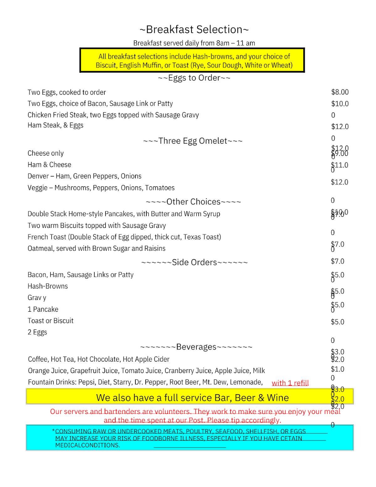 Menu at American Legion Post 21 restaurant, McMinnville