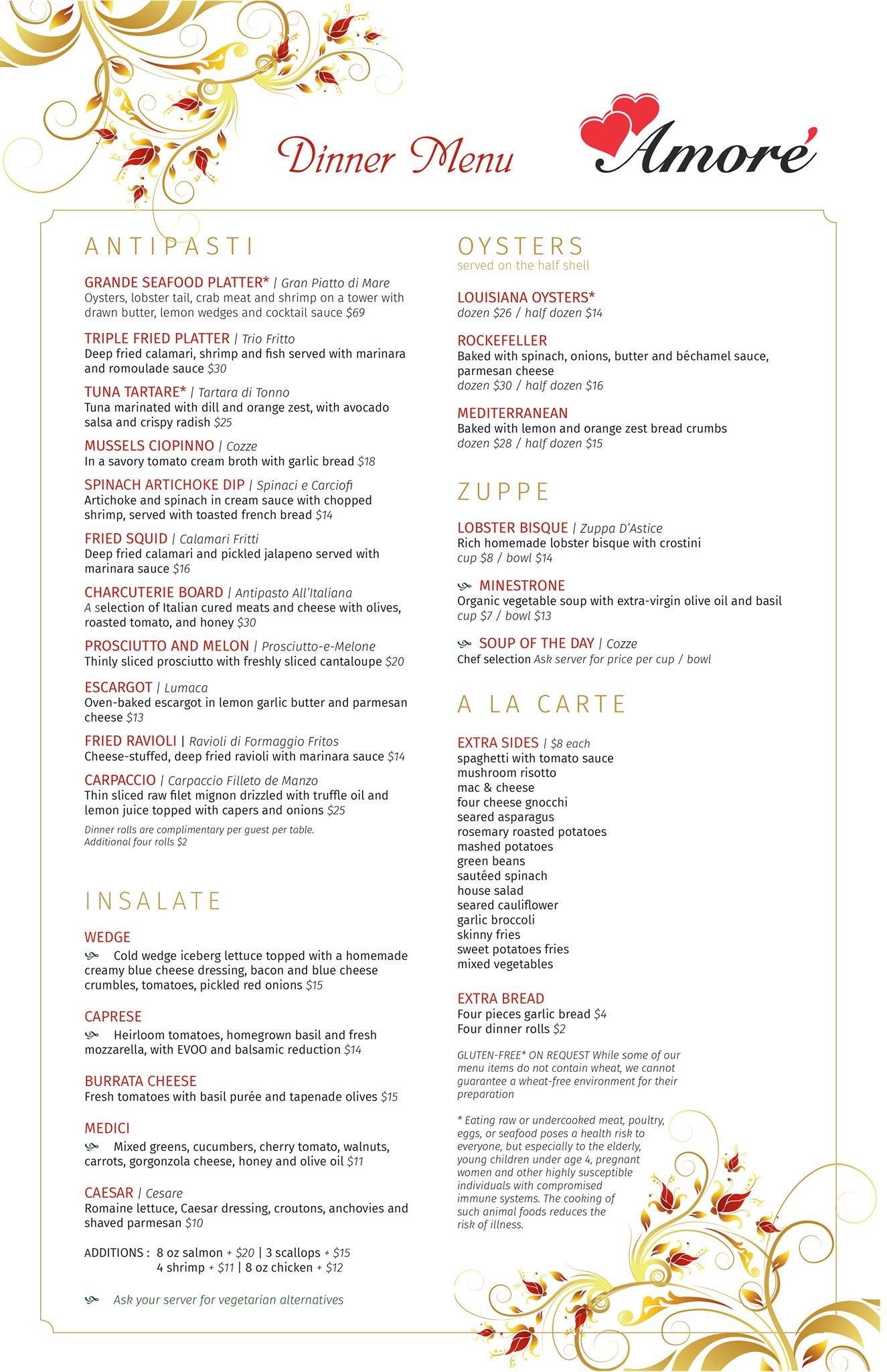 Menu at Amore Fine Dining & Spirits pub & bar, Conroe, Hwy 105 W