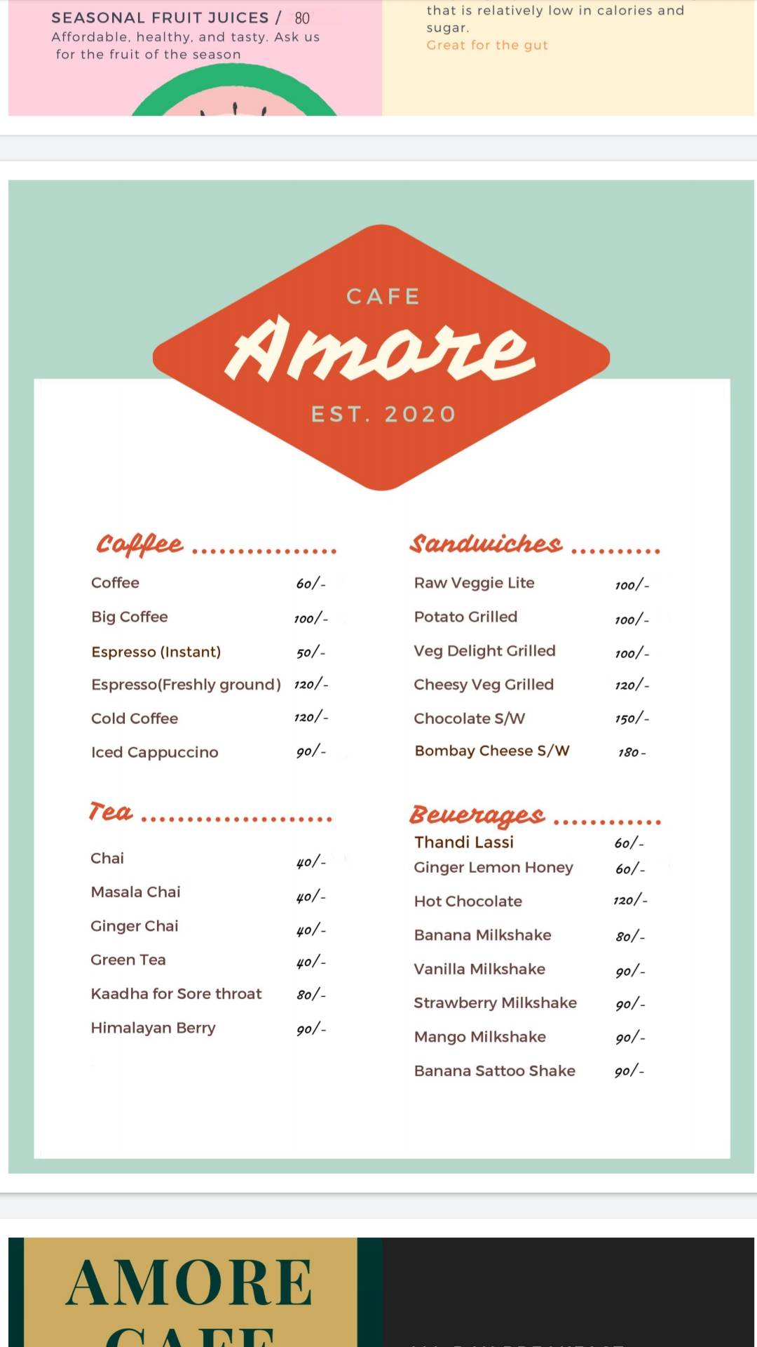 Menu at Amore Organic Cafe & Bakery, Rishikesh