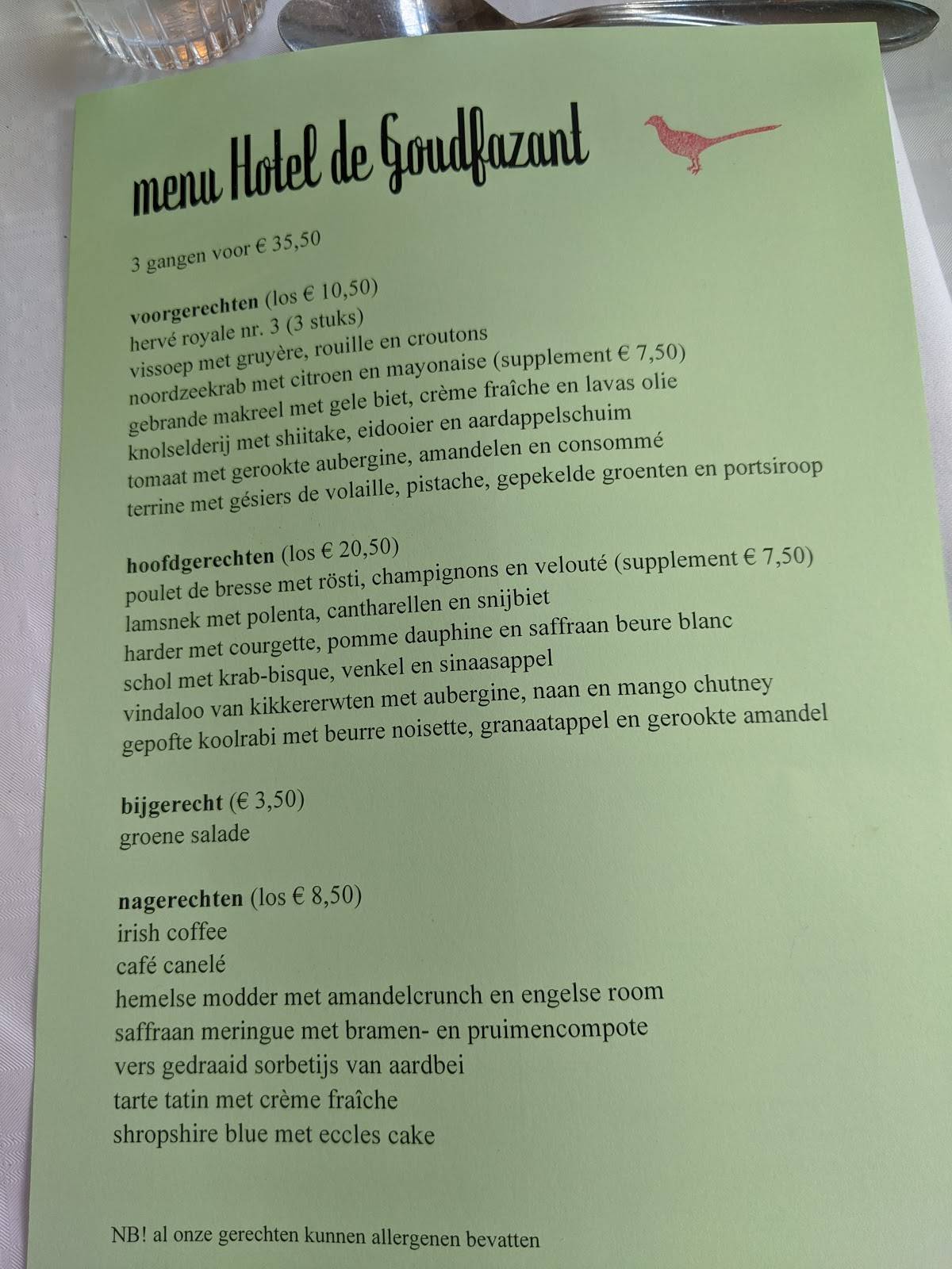Menu at Hotel De Goudfazant, Amsterdam