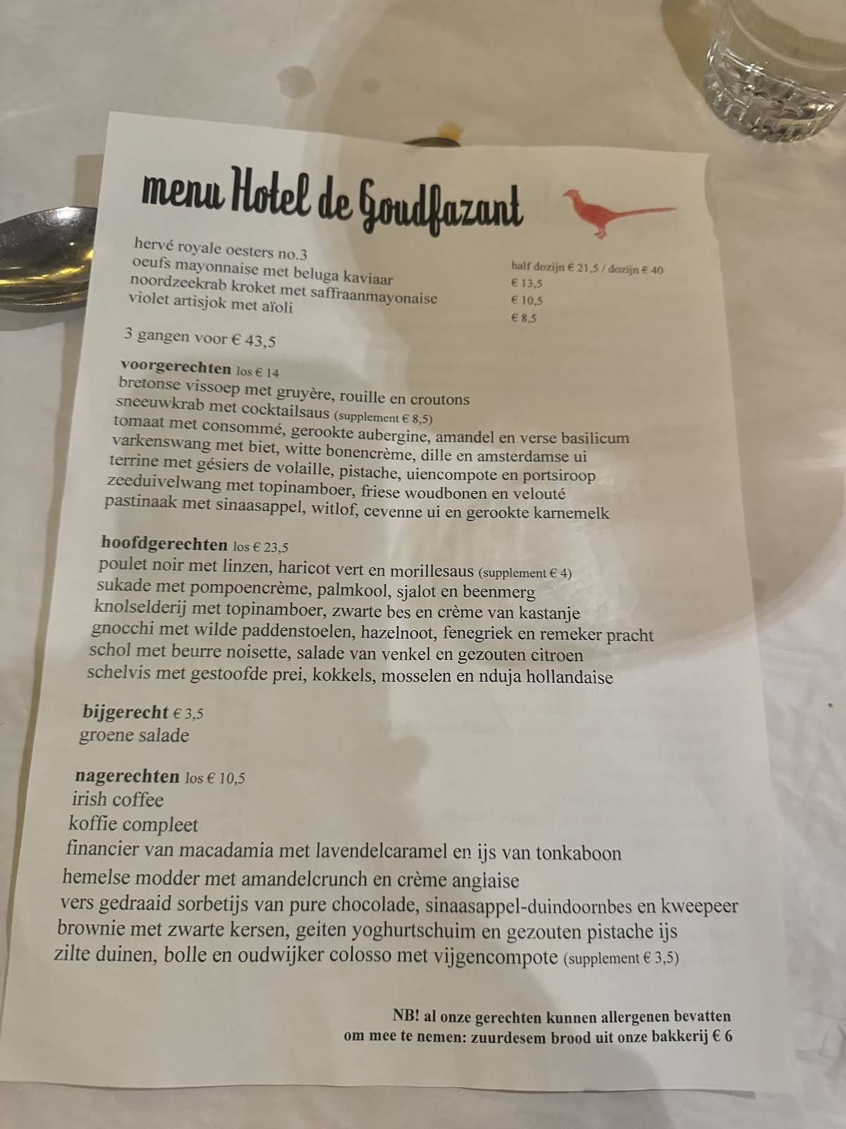 Speisekarte von Hotel De Goudfazant, Amsterdam