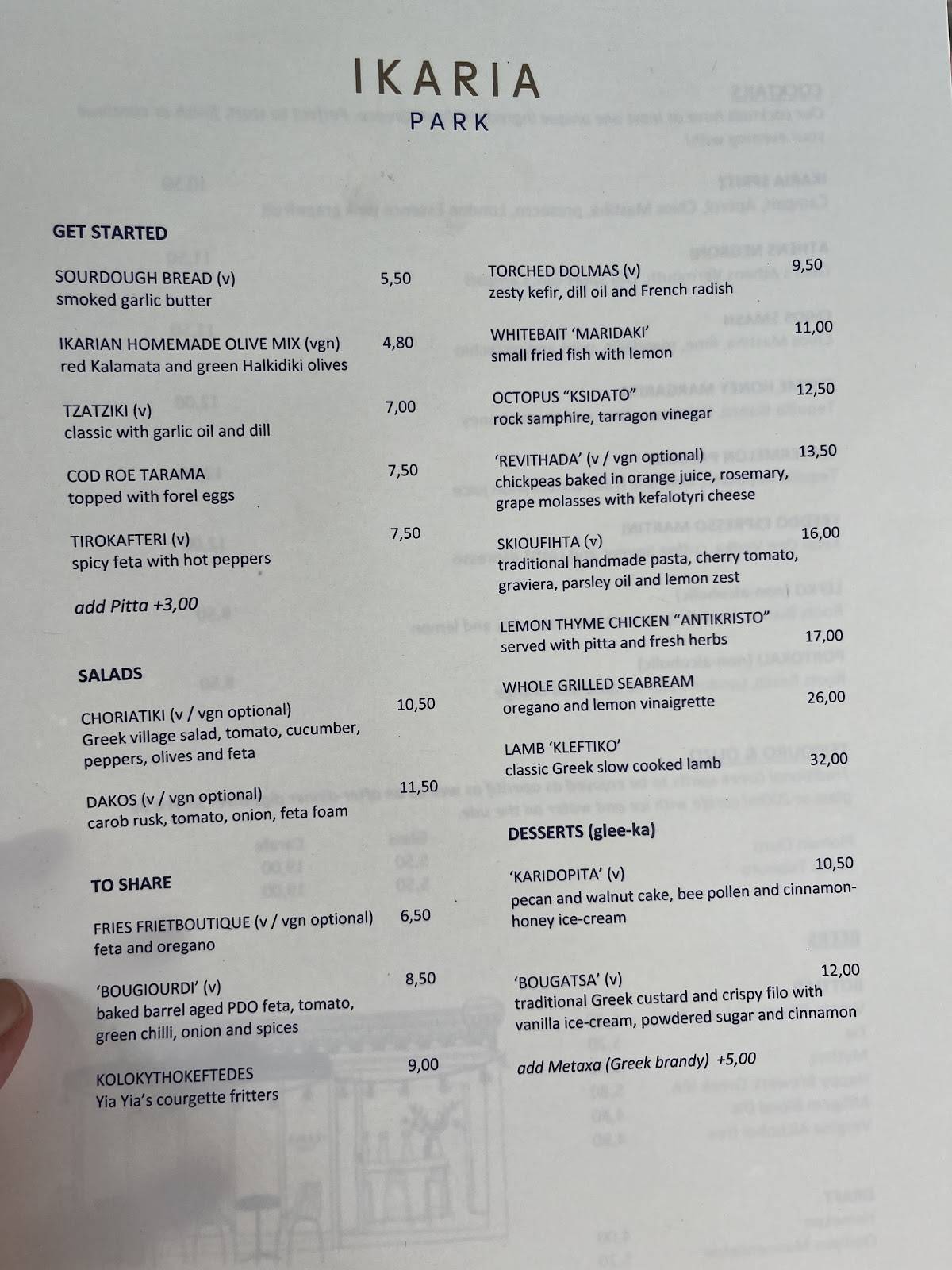 Menu at Ikaria Park restaurant, Amsterdam