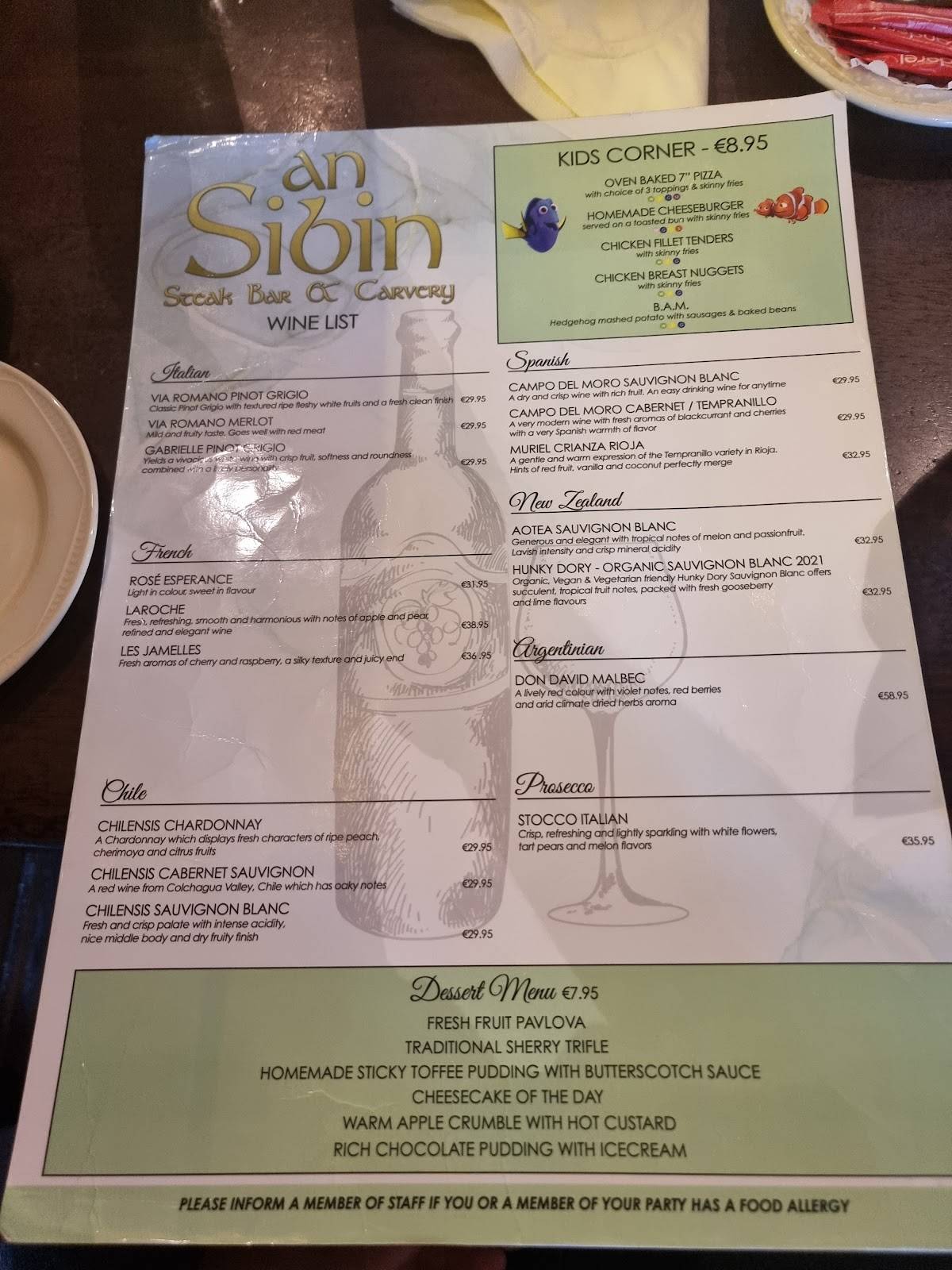 Menu at An Sibin pub & bar, Dunshaughlin, Main St