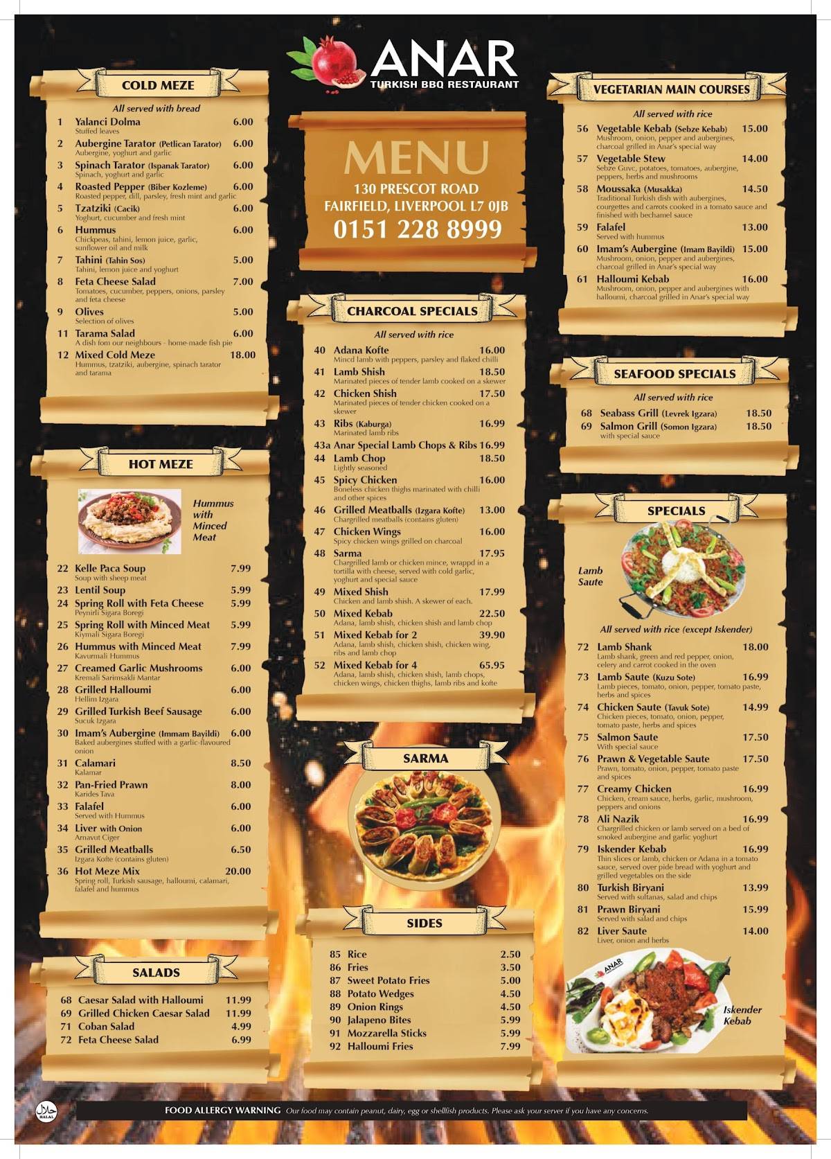 Menu at Anar Turkish BBQ Restaurant, Liverpool