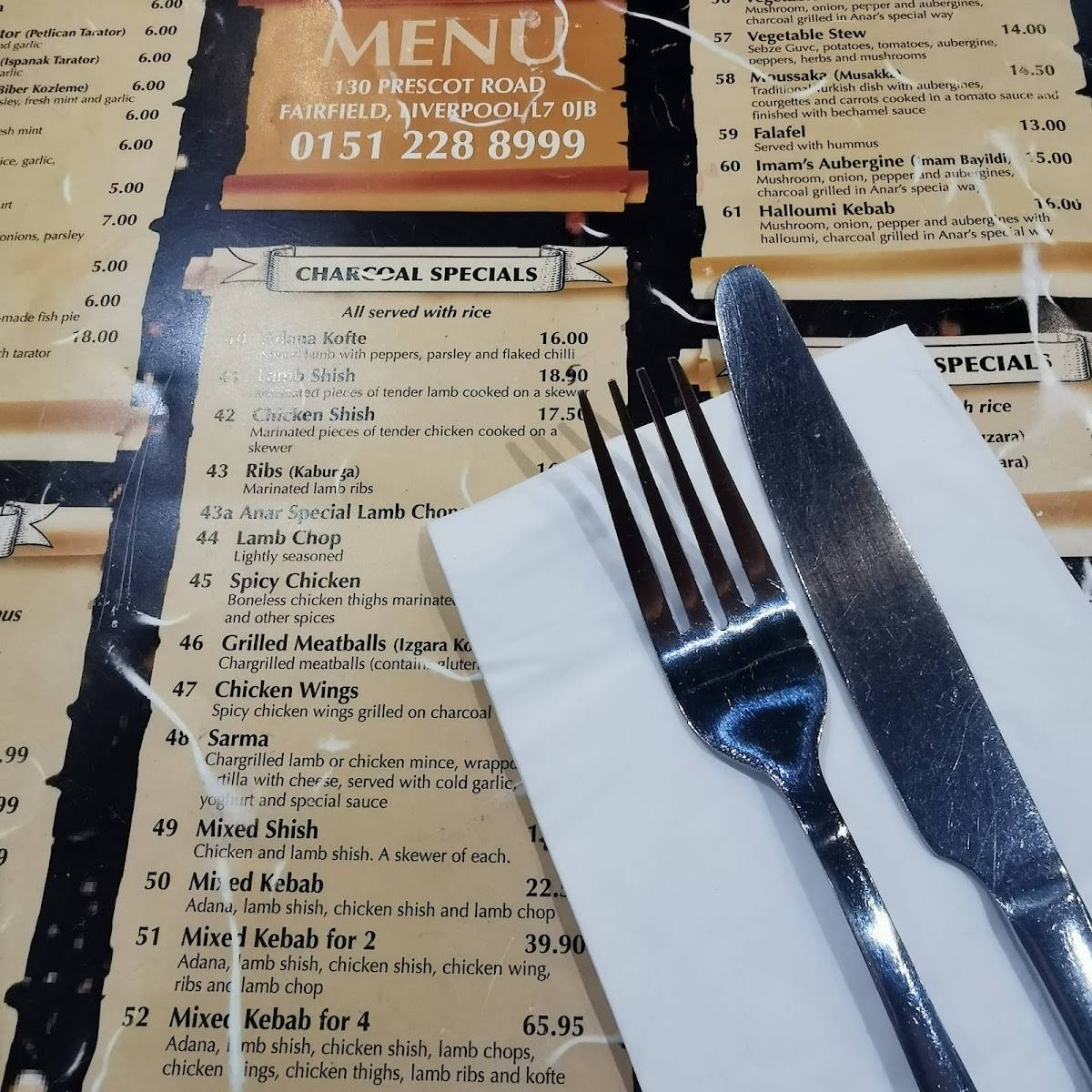 Menu at Anar Turkish BBQ Restaurant, Liverpool