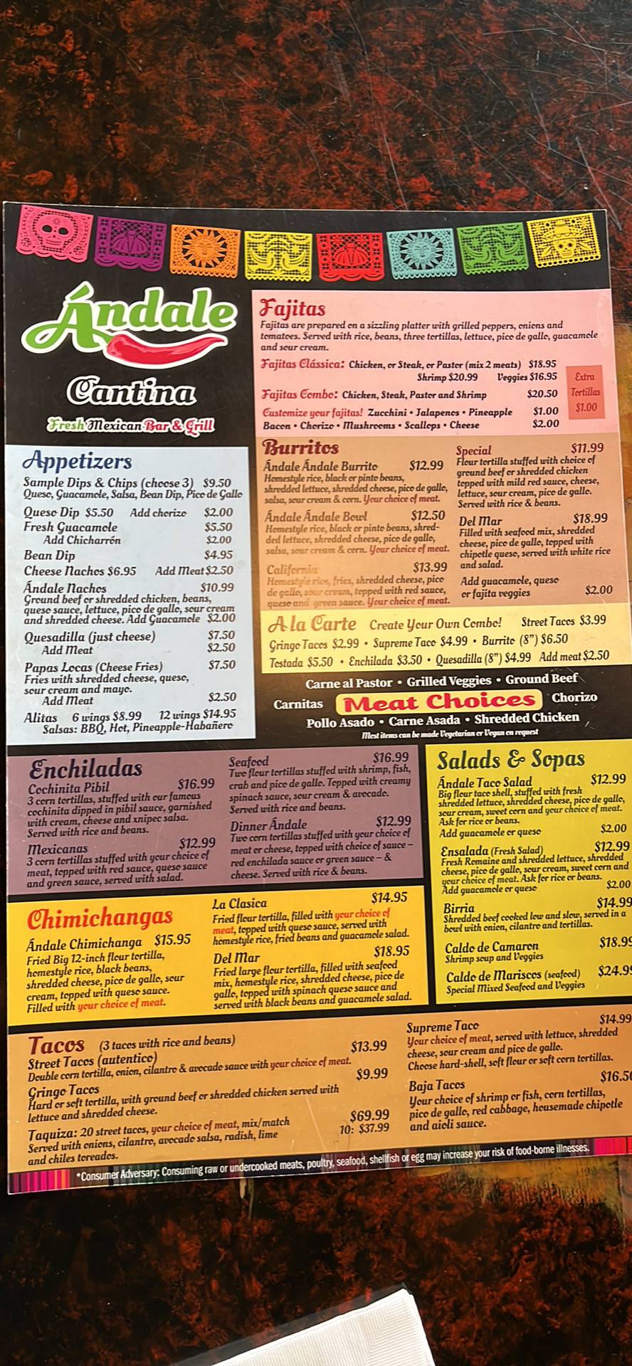 Menu at Andale Cantina Bar & Grill, North Liberty