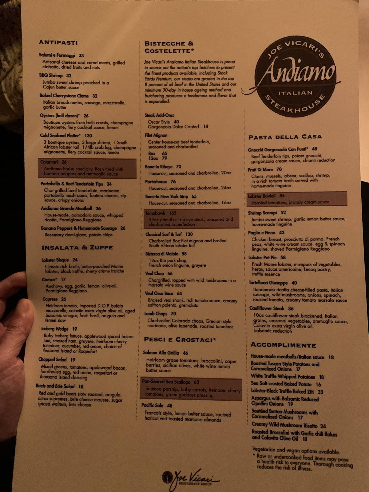 Menu at Andiamo Steakhouse, Las Vegas