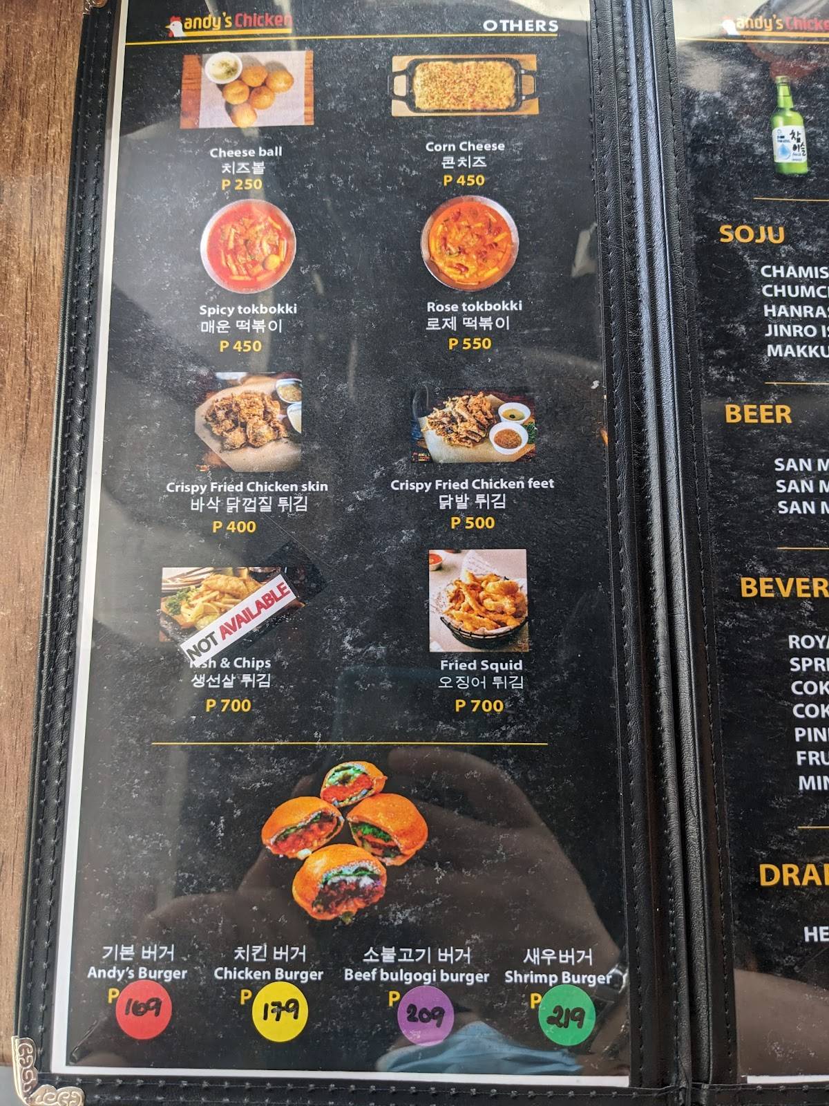 Menu at Andy's Chicken restaurant, Pasig