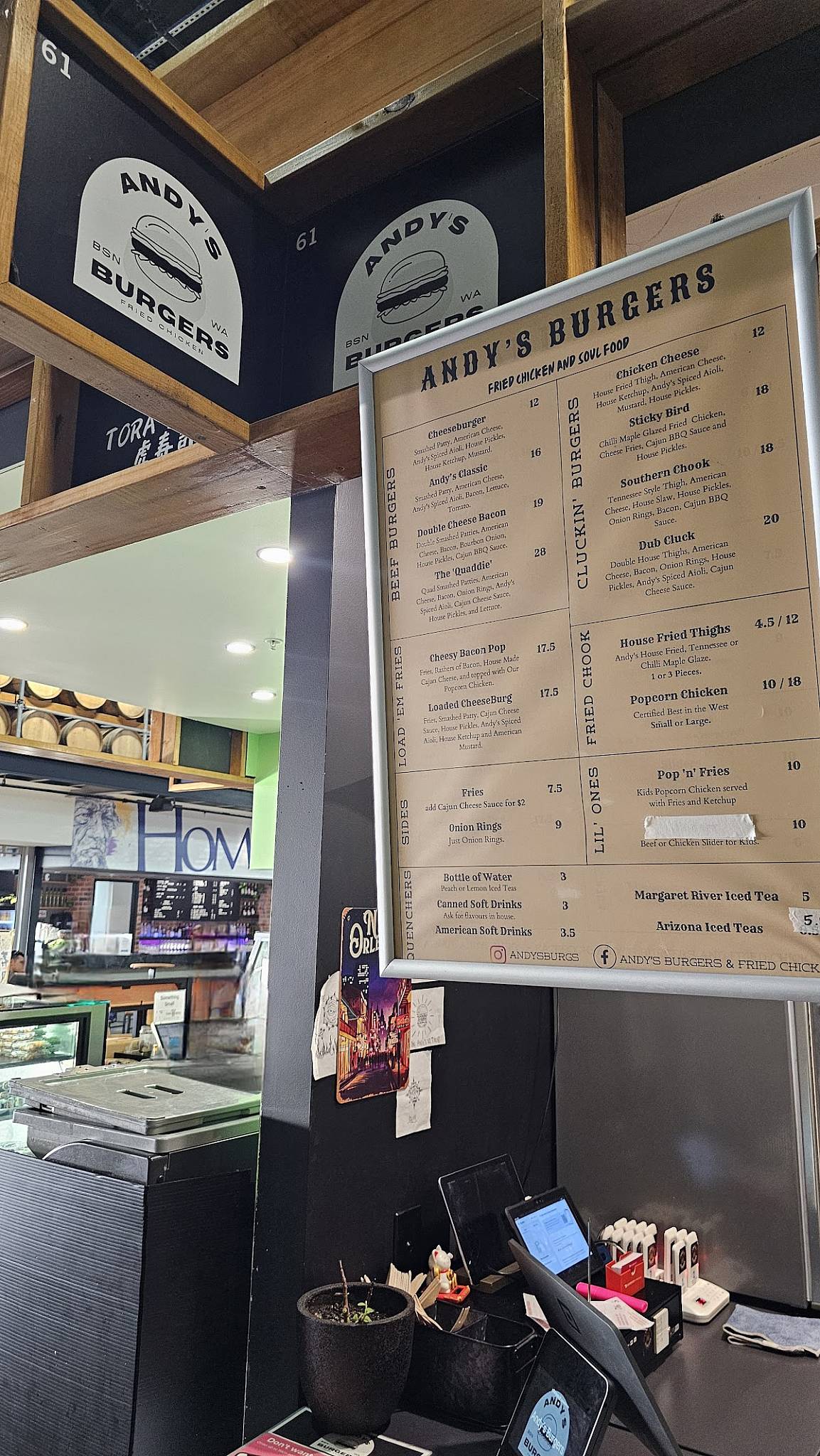 Menu at Andy’s burgers restaurant, West Busselton