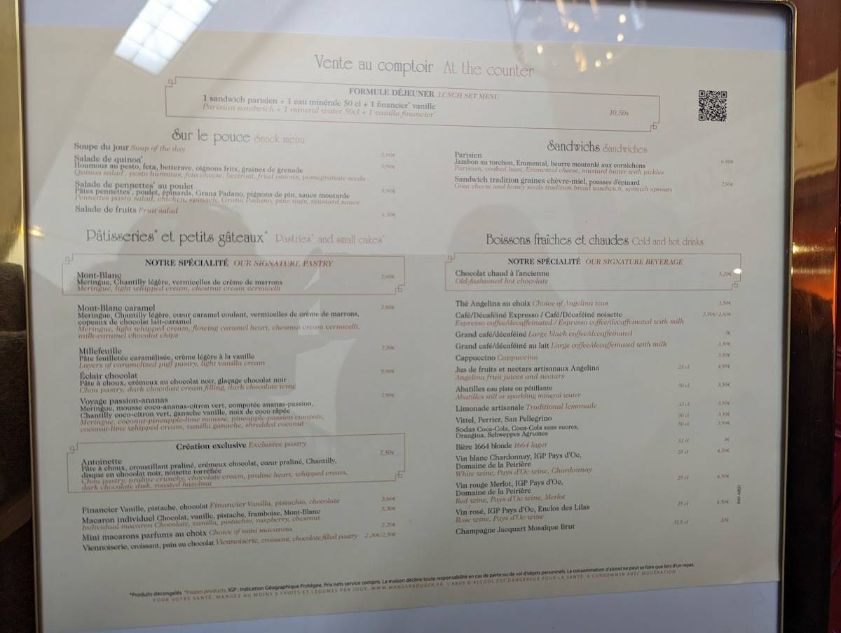 Menu at Angelina Paris restaurant, Versailles, Allée des 2