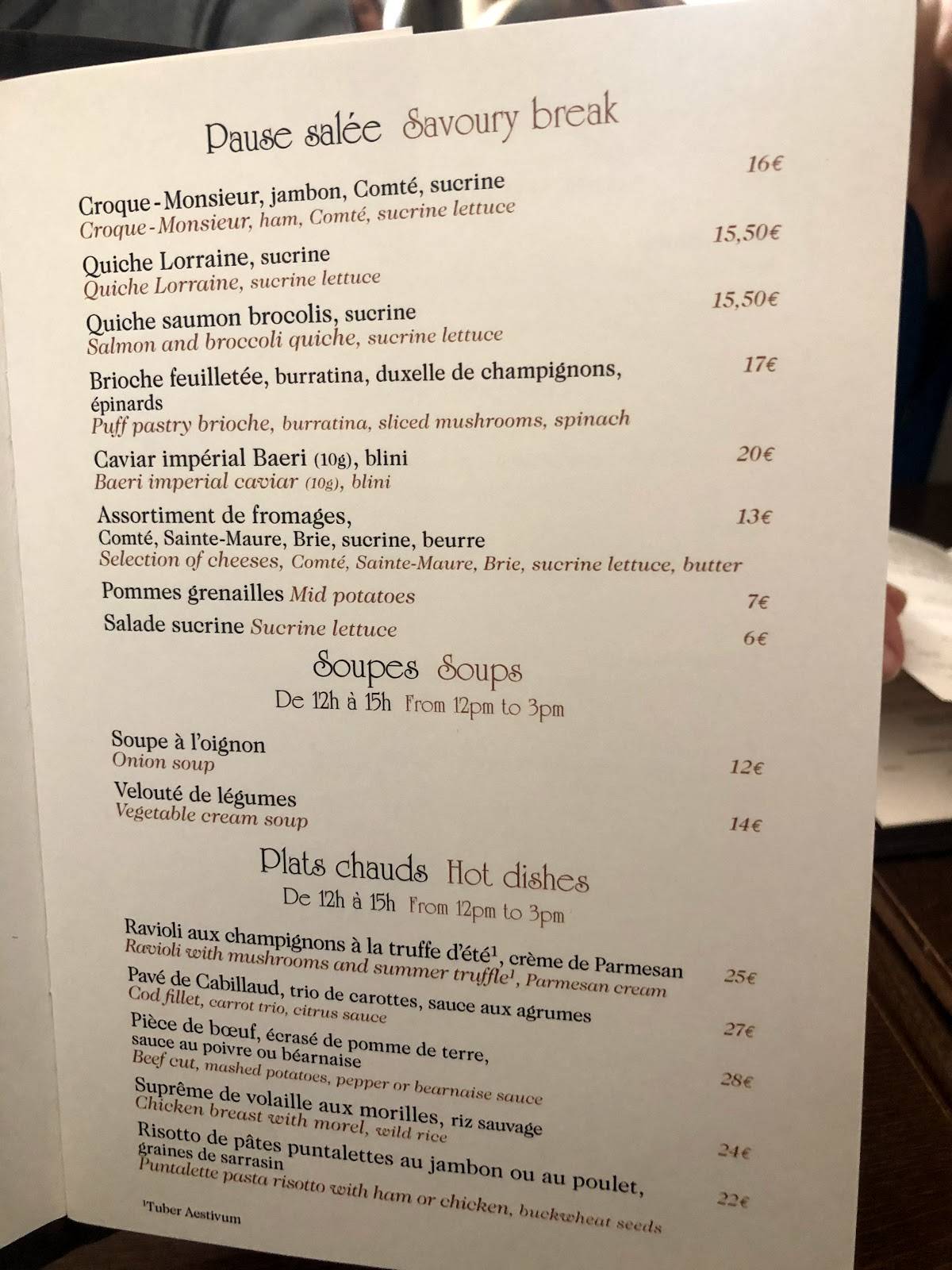 Menu at Angelina Paris restaurant, Versailles, Allée des 2