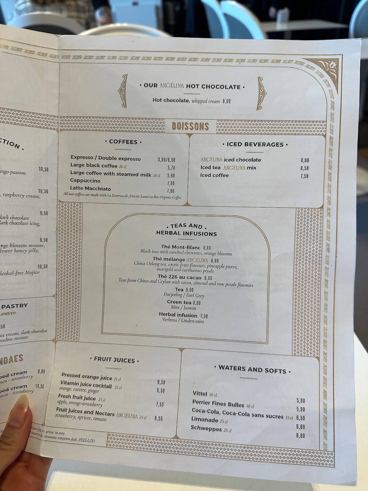 Menu at Angelina Paris restaurant, Versailles, Château de Versailles