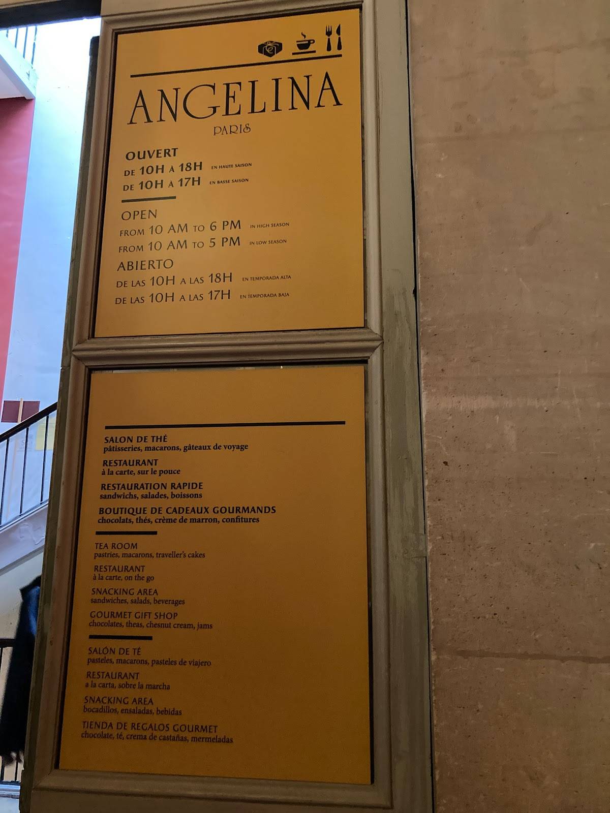 Menu at Angelina Paris restaurant, Versailles, Allée des 2