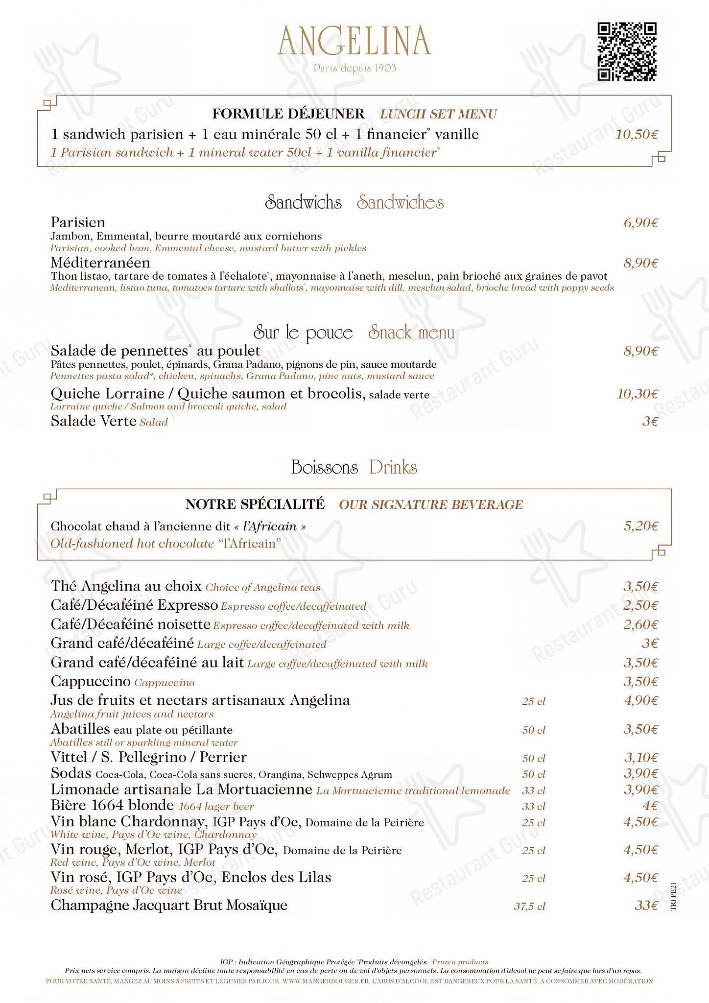 Menu at Angelina Paris restaurant, Versailles, Allée des 2
