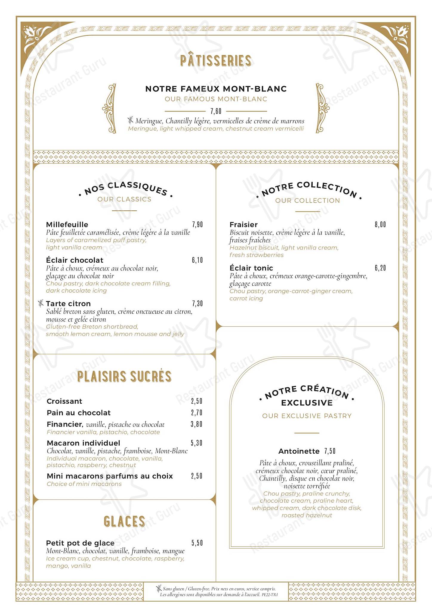 Menu at Angelina Paris restaurant, Versailles, Allée des 2