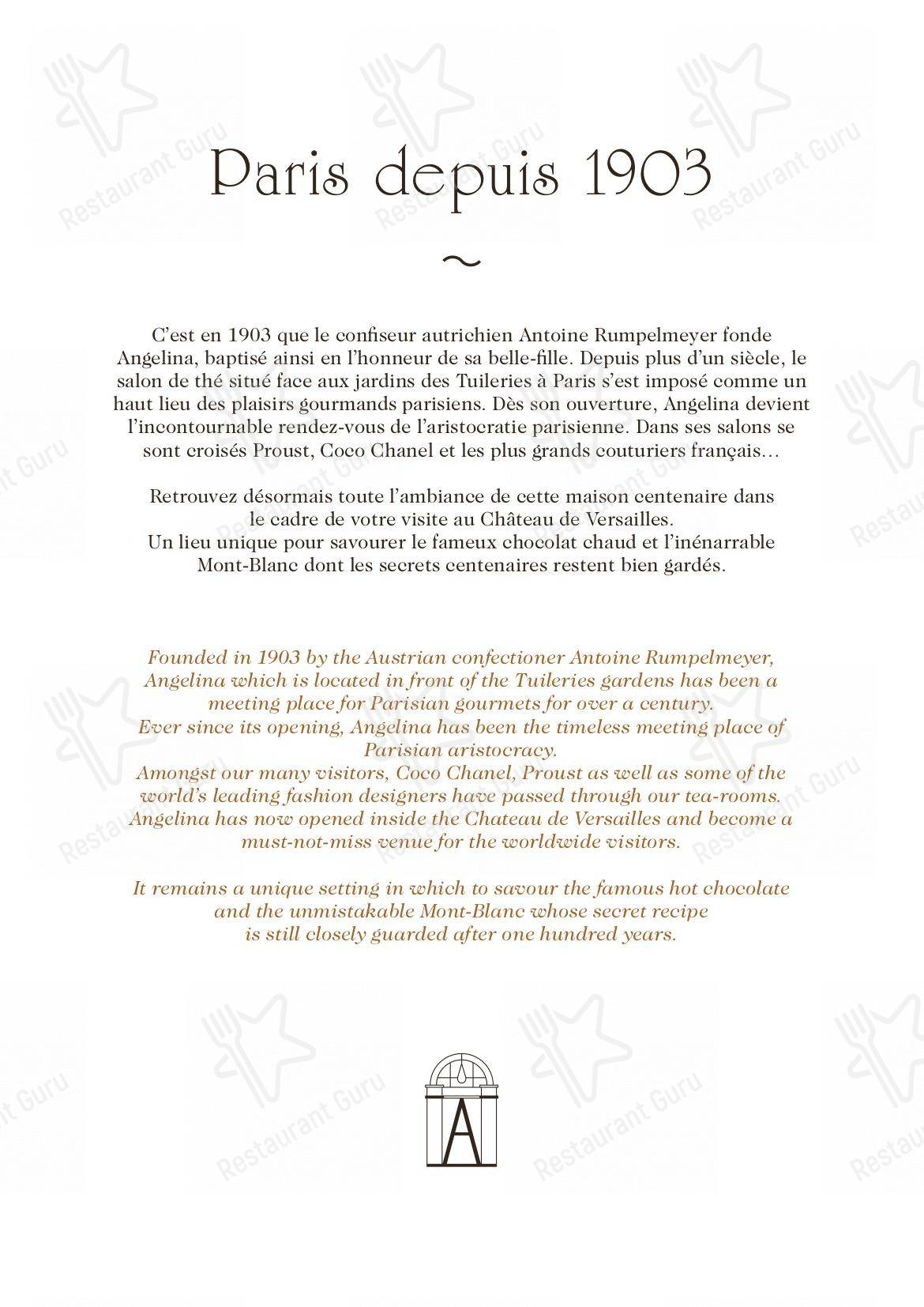 Menu at Angelina Paris restaurant, Versailles, Château de Versailles