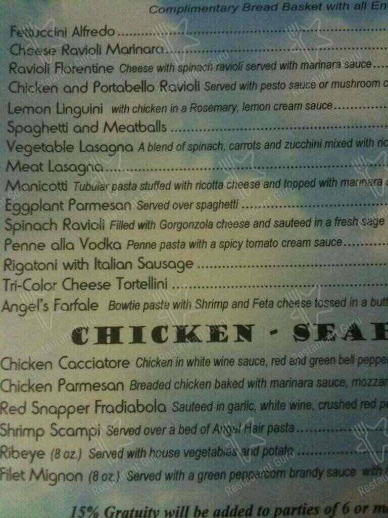Menu at Angels Italian Restaurant, Hot Springs