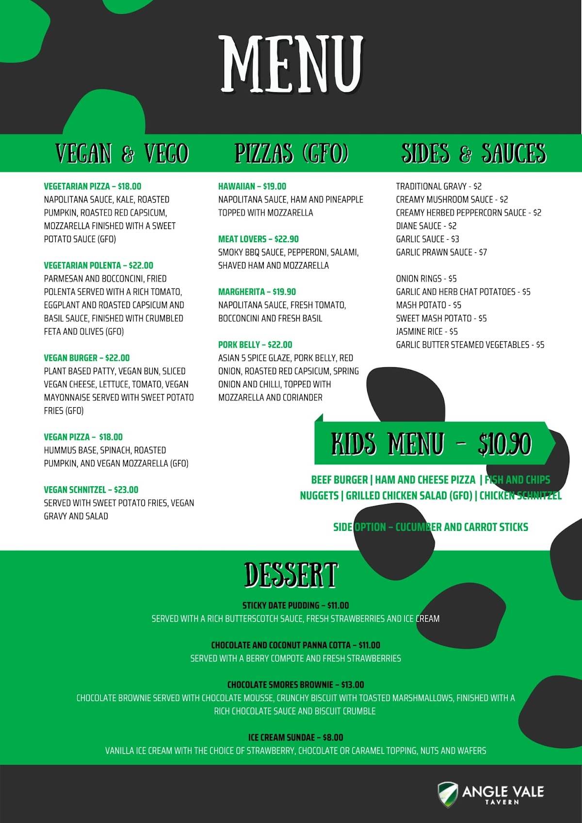 Menu at Angle Vale Tavern restaurant, Angle Vale