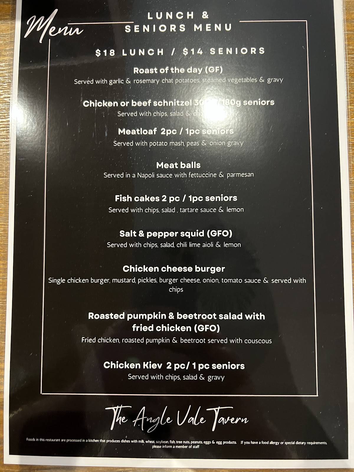 Menu at Angle Vale Tavern restaurant, Angle Vale