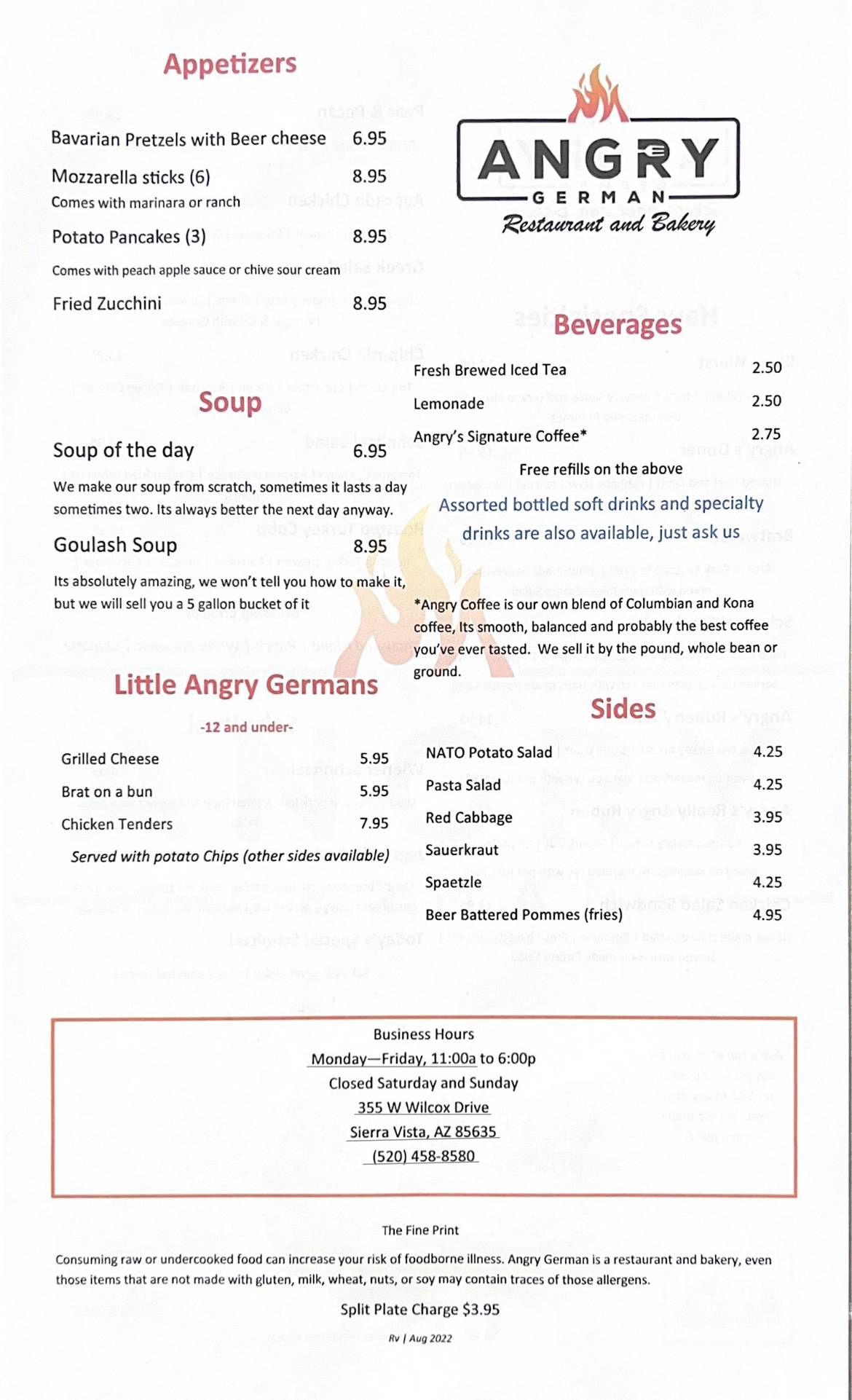 Menu at Angry German restaurant, Sierra Vista